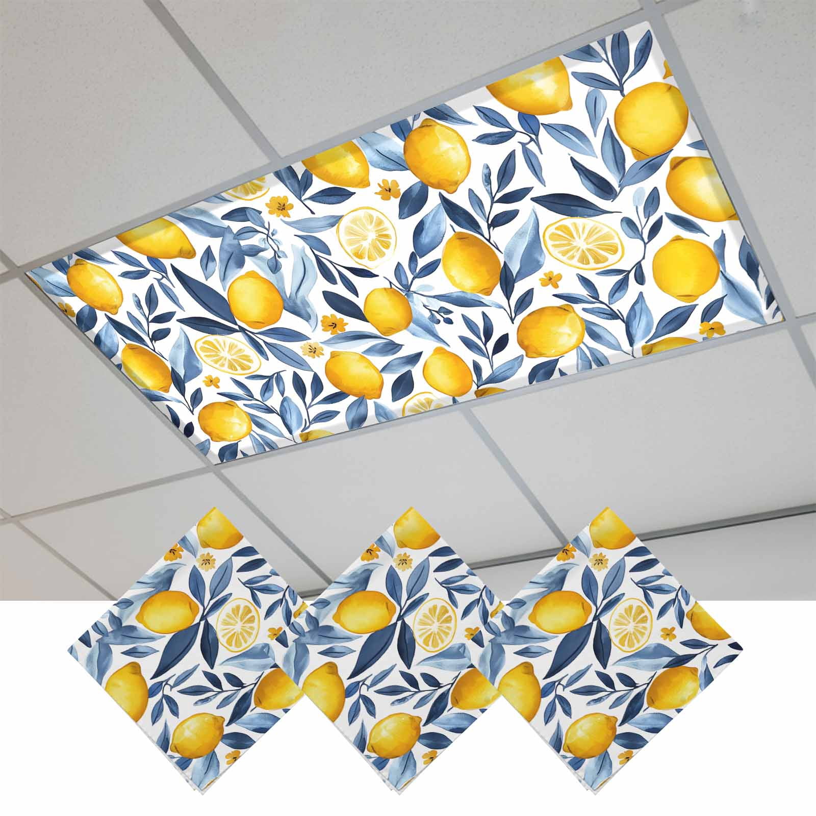 Yellow Lemon Fluorescent Light Covers, Blue Flower Leaves Spring Summer ...