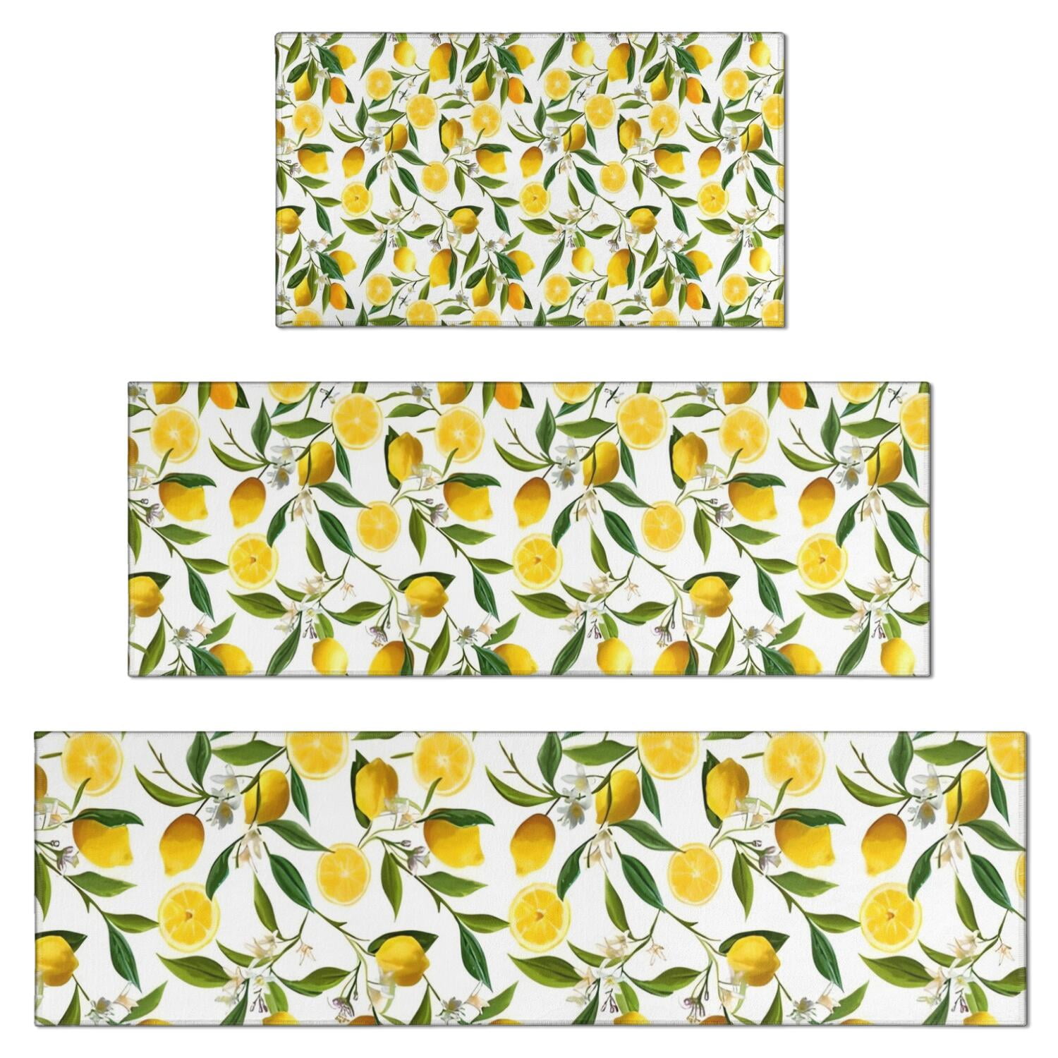 Yellow Lemon Fruit Flowers White Pattern Kitchen Rugs Sets Of 3,Kitchen ...