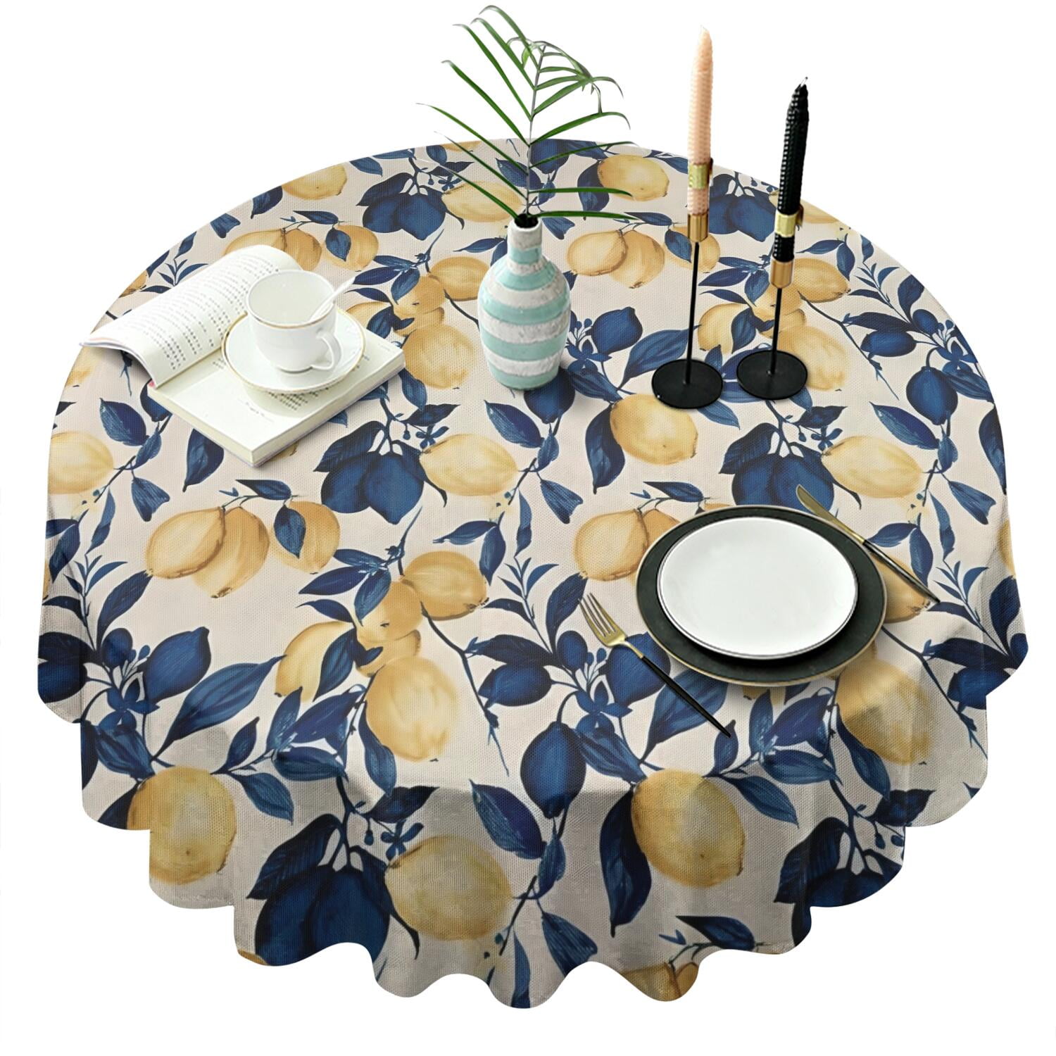 Yellow Lemon Fruit Leaves Beige Pattern Round Tablecloth 60"x60 ...