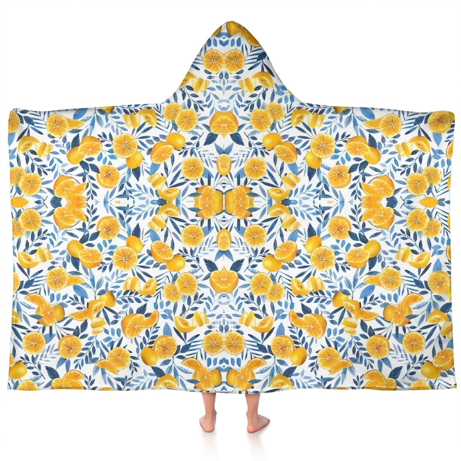 Yellow Lemon Fruit Leaves Blue Pattern Hooded Bath Towel，60"x35" for ...