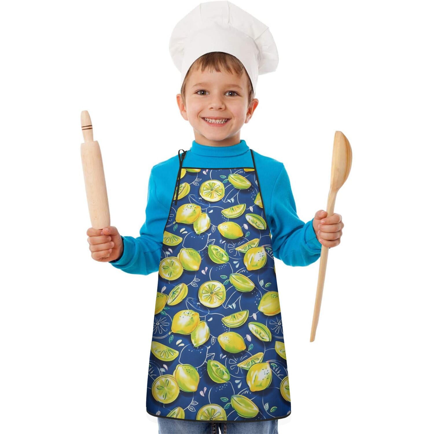 Yellow Lemon Fruit Slices Blue Pattern Kids Aprons for Girls and Boys,Adjustable Neck Strap ...
