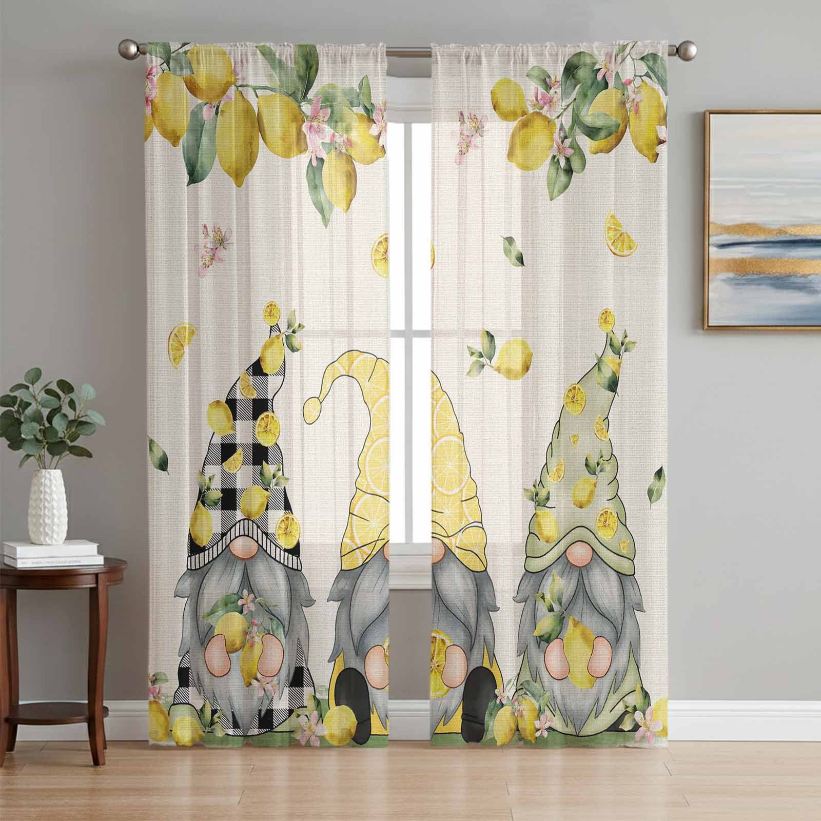 Yellow Lemon Gnomes Sheer Curtains 96 Inch Length 2 Panels Set, Vintage ...