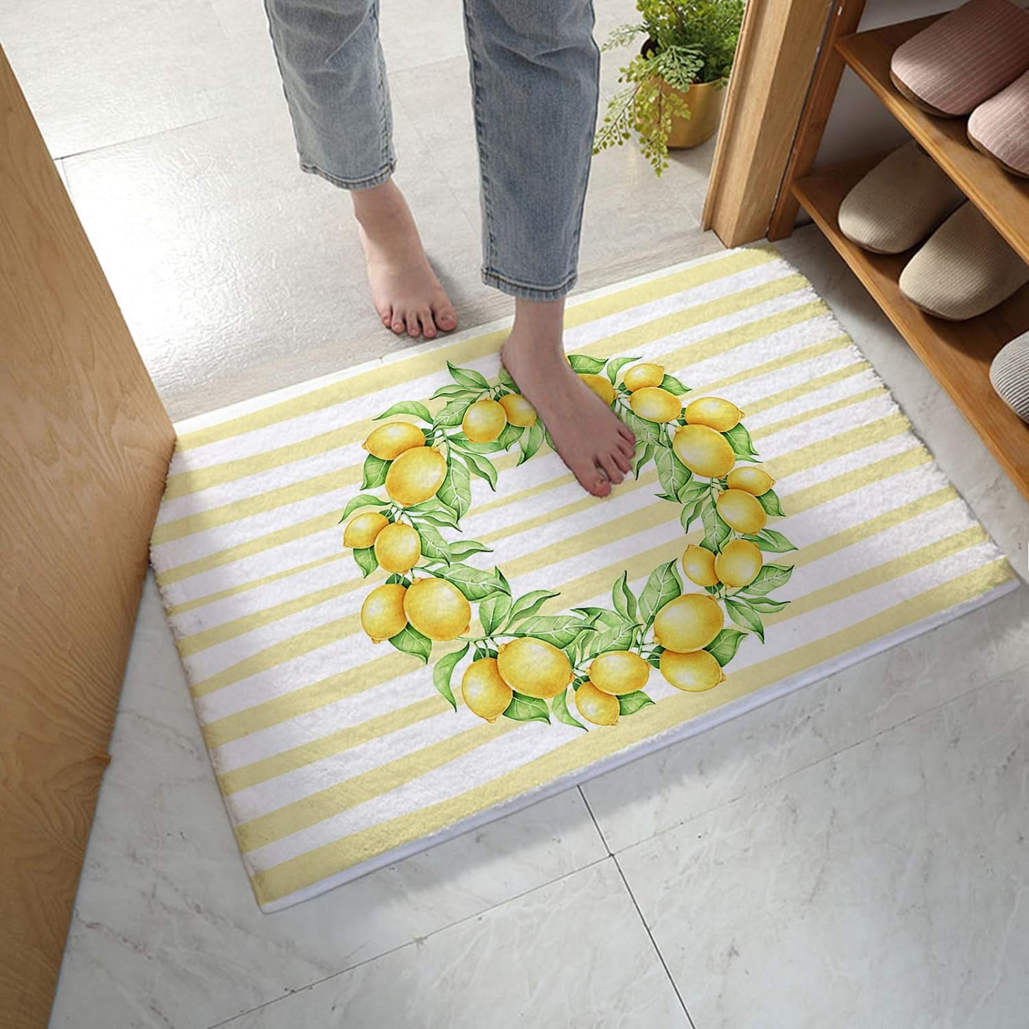Yellow Lemon Green Leaf Stripes Bathroom Rugs Non-Slip Summer Pastoral ...