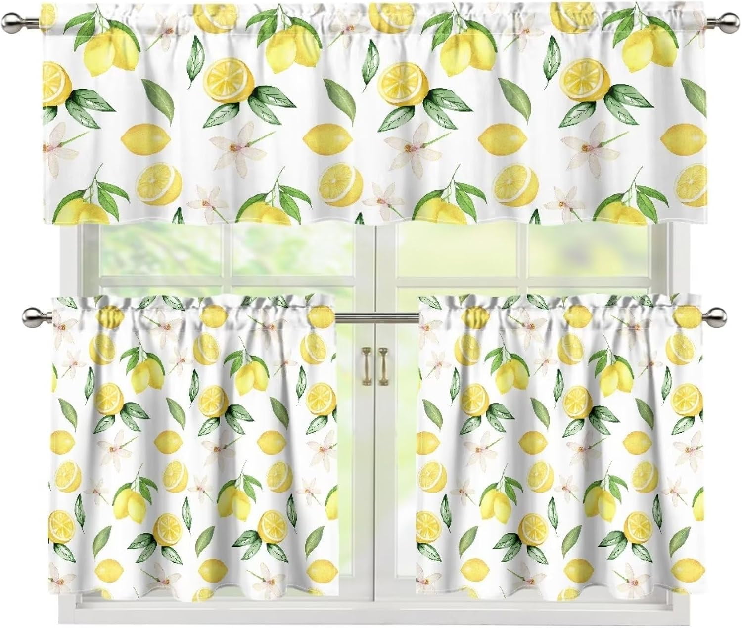 Yellow Lemon Kitchen Curtains & Valance Set | 3 Piece Swag Curtains ...