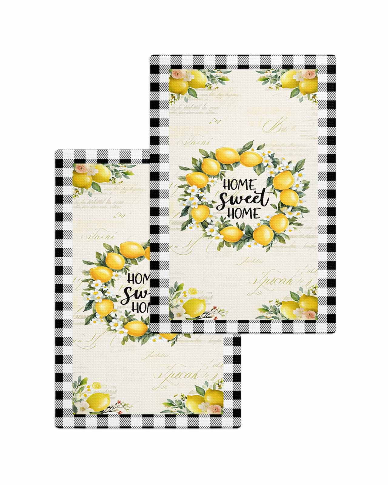 Yellow Lemon Kitchen Dish Towels for Drying Dishes Set of 2, Beige Summer Farmhouse Black ...