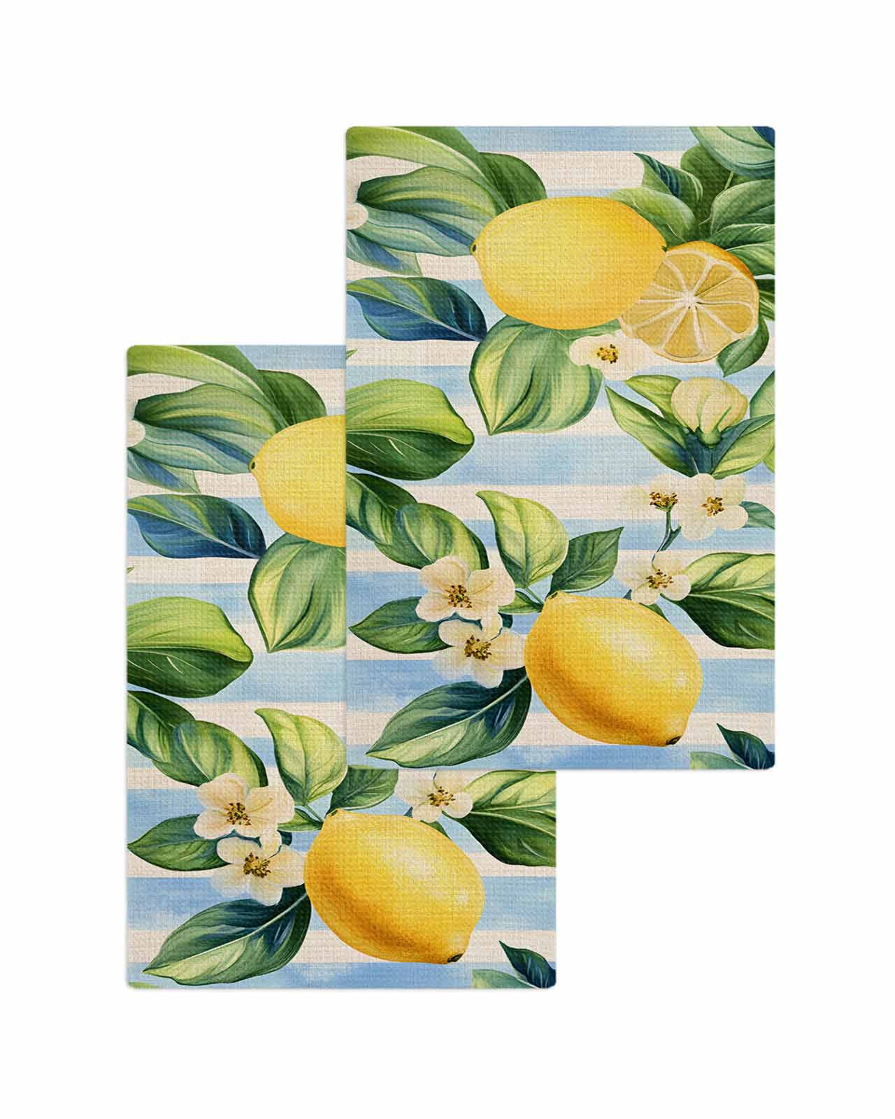 Yellow Lemon Kitchen Dish Towels for Drying Dishes Set of 2, Summer Botanical Fruit Blue Striped ...