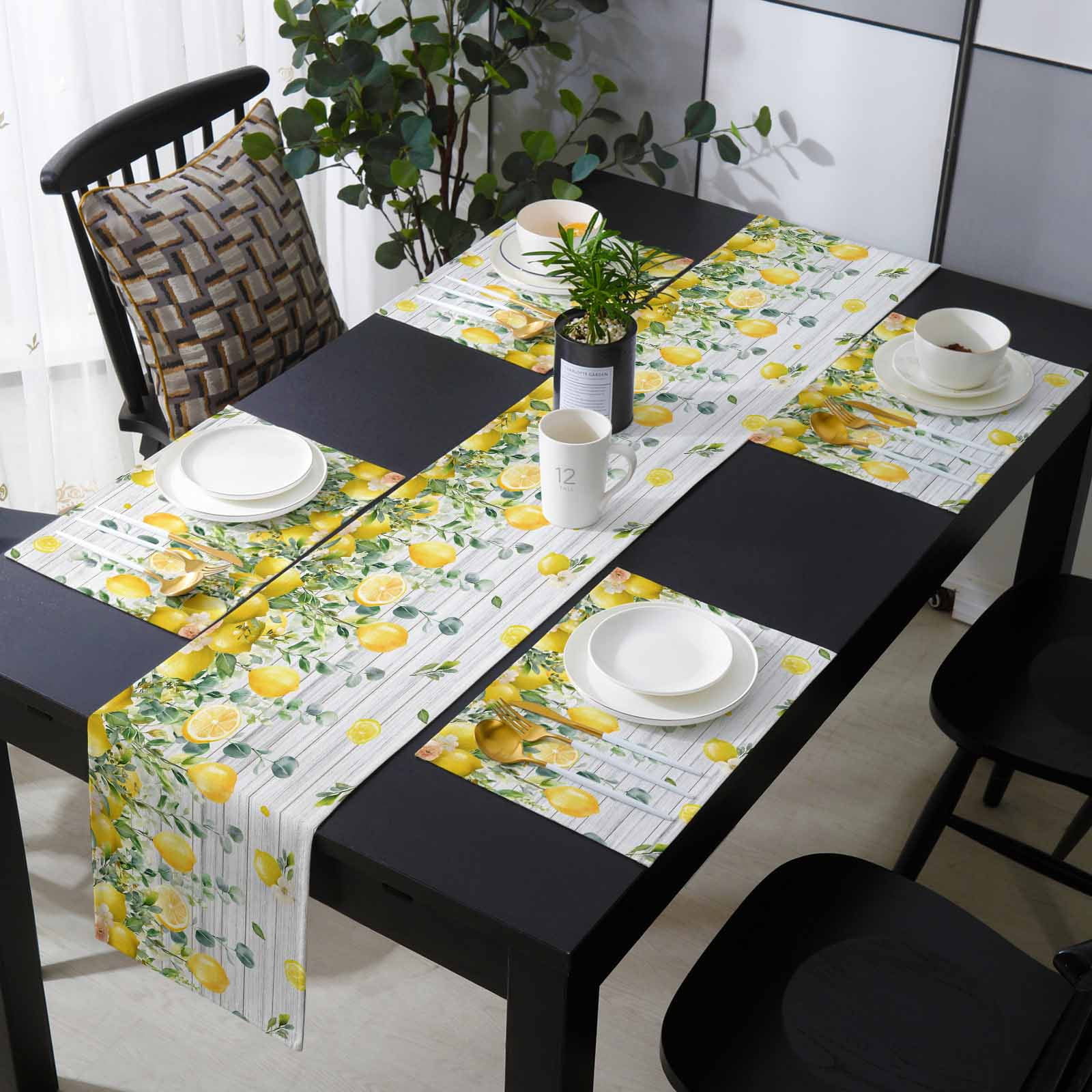 Yellow Lemon Placemats Set of 6 with 90 Inches Long Table Runners,Green ...