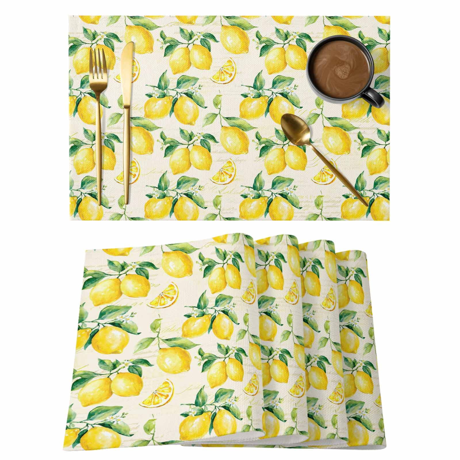 Yellow Lemon Placemats Set of 6 Summer Fruit Green Retro Farmhouse Leaf ...
