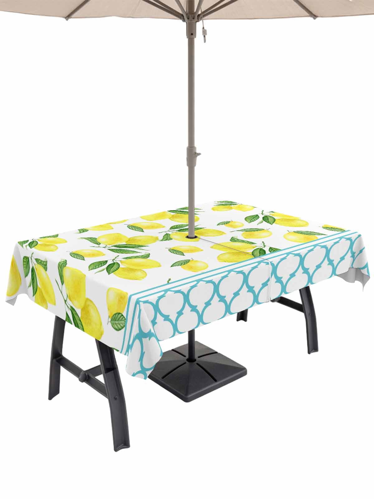 Yellow Lemon Rectangle Outdoor Tablecloth with Umbrella Hole Green Leaf ...