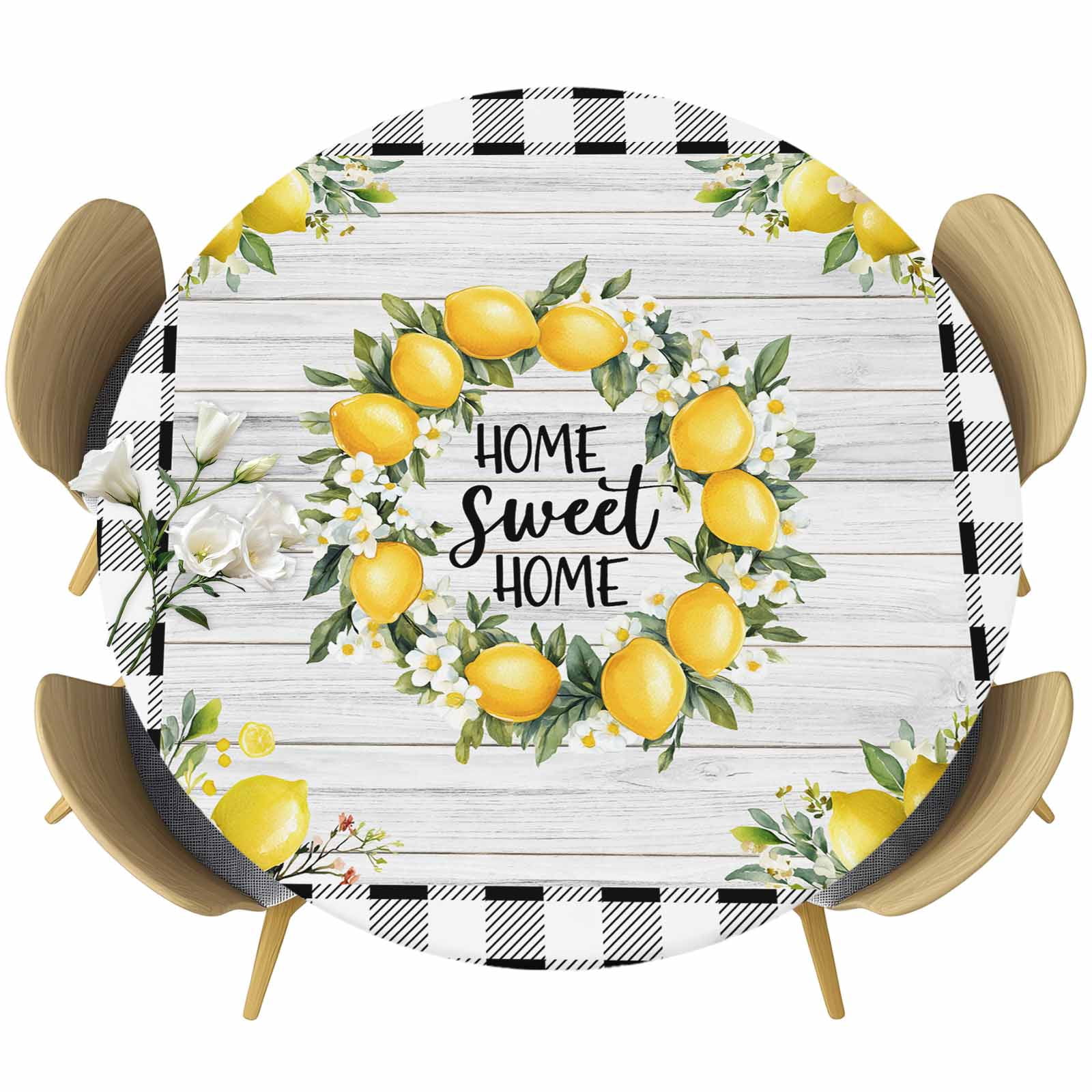 Yellow Lemon Round Tablecloth 36-44 Inch Round Fitted Table Cloth with ...