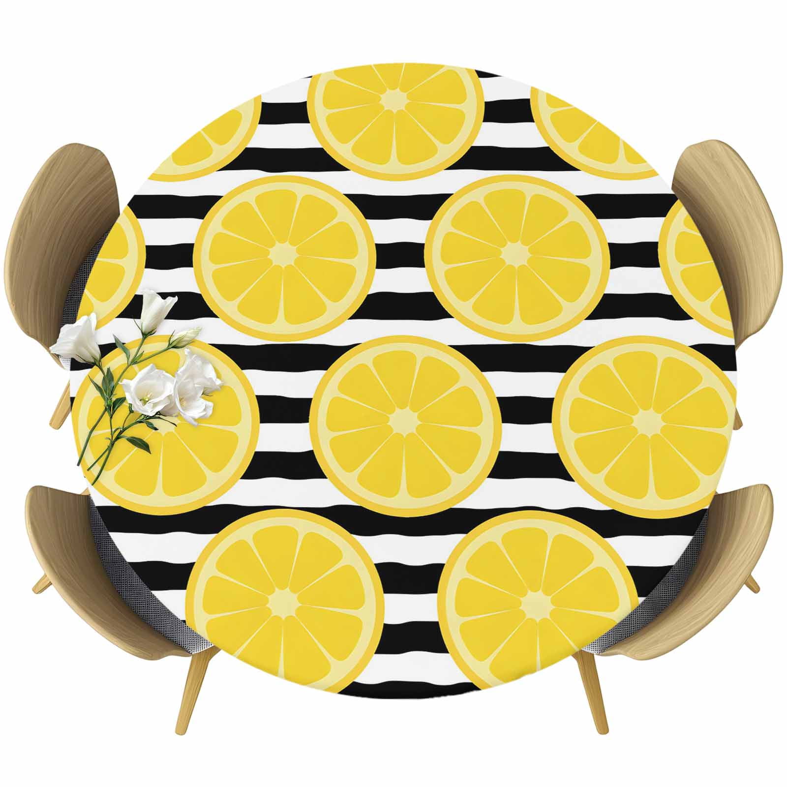 Yellow Lemon Round Tablecloth, Fitted Table Cover with Elastic for 36 ...