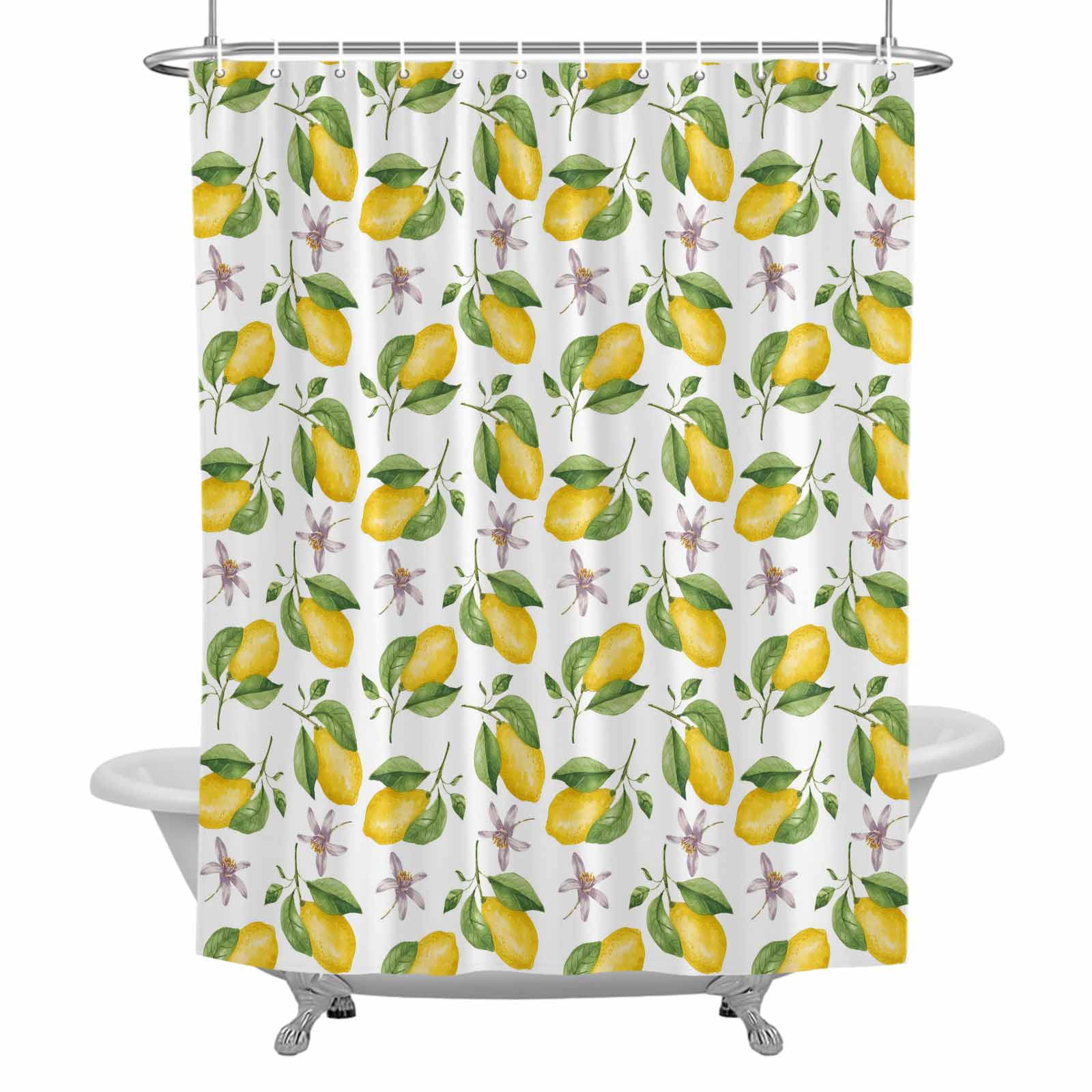 Yellow Lemon Shower Curtain for Bathroom, Pink Flower Leaf Pastoral ...
