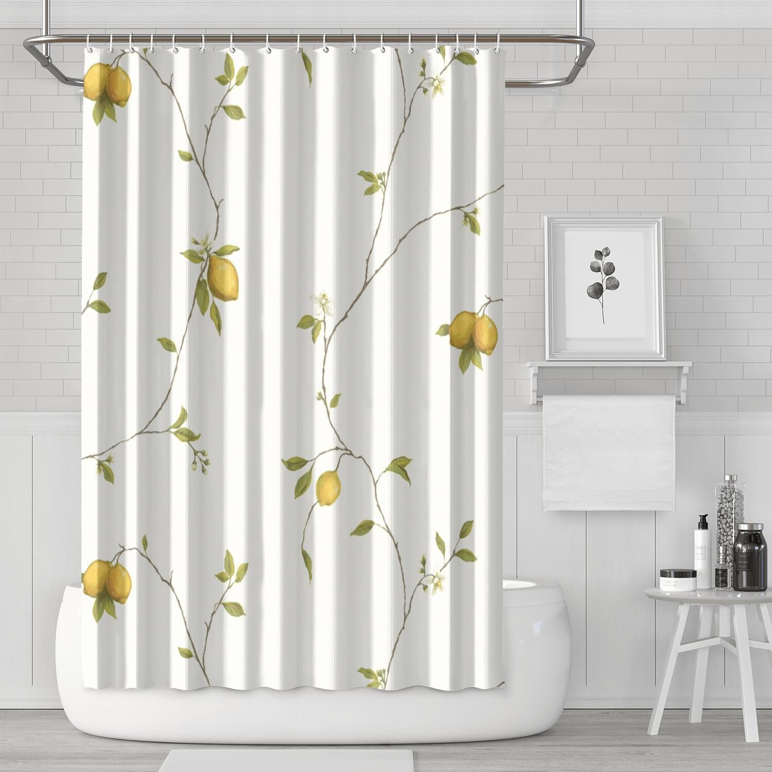Yellow Lemon Shower Curtain, Cute Summer Fruit Floral Print Waterproof ...