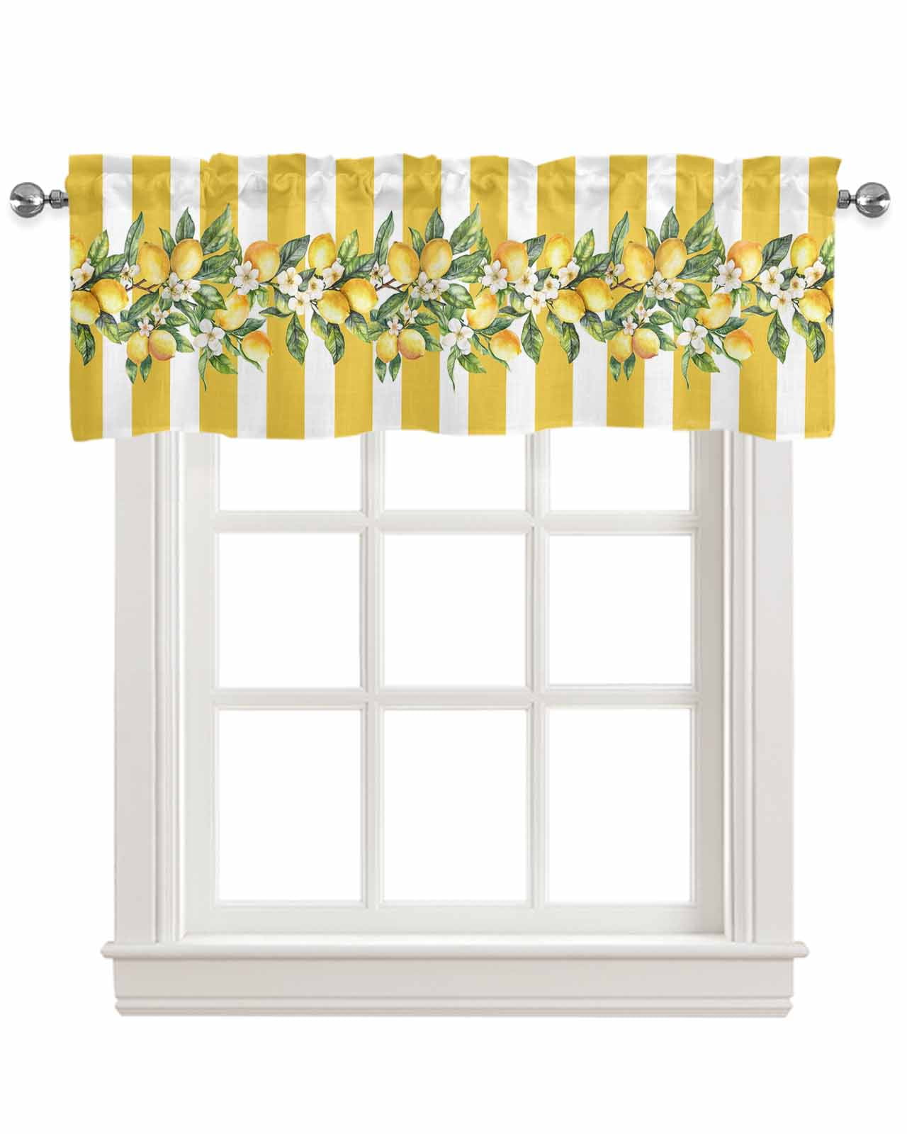 Yellow Lemon Stripes Kitchen Valances for Windows Farmhouse Linen ...