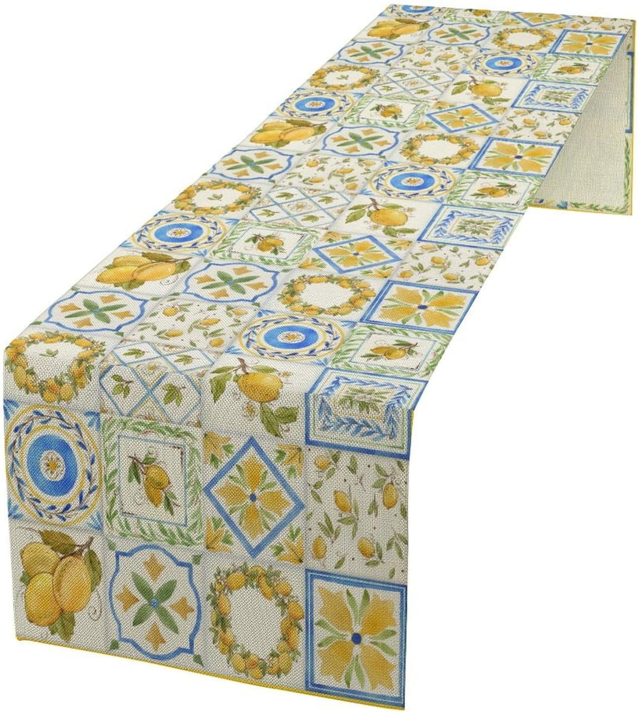 Yellow Lemon Summer Table Runner, Watercolor Spring Yellow and Blue ...