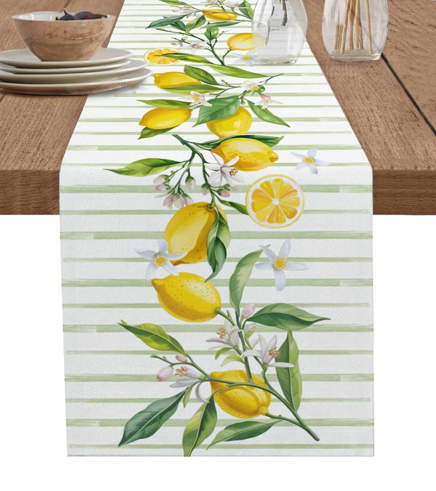 Yellow Lemon Table Runner 108 Inches, Country Botanical Fruit Sage ...