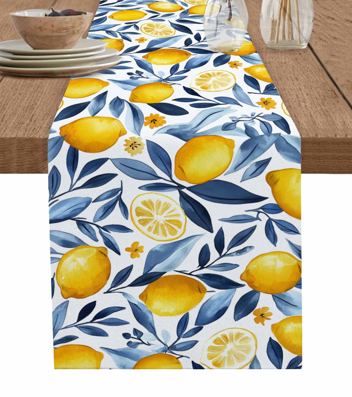 Yellow Lemon Table Runner 36 Inches, Blue Flower Leaves Spring Summer ...