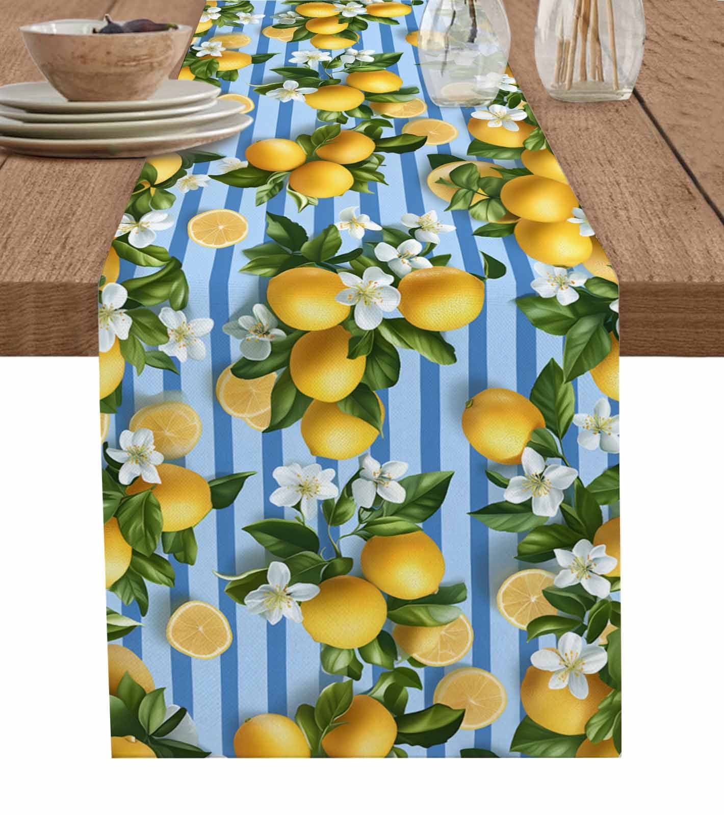 Yellow Lemon Table Runner 36 Inches, Summer Fruit Rustic Blue Striped ...