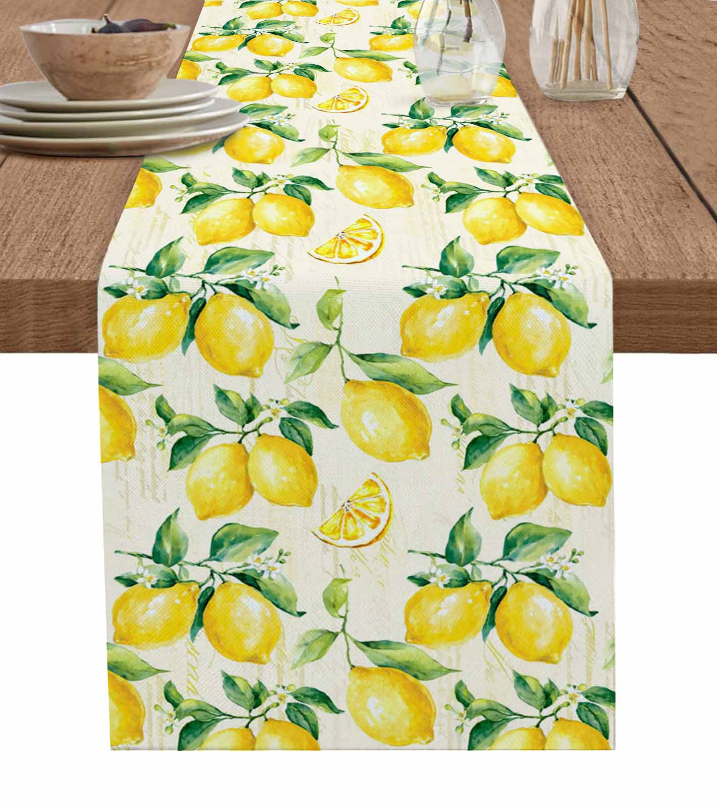 Yellow Lemon Table Runner 60 Inches, Summer Fruit Green Retro Farmhouse ...