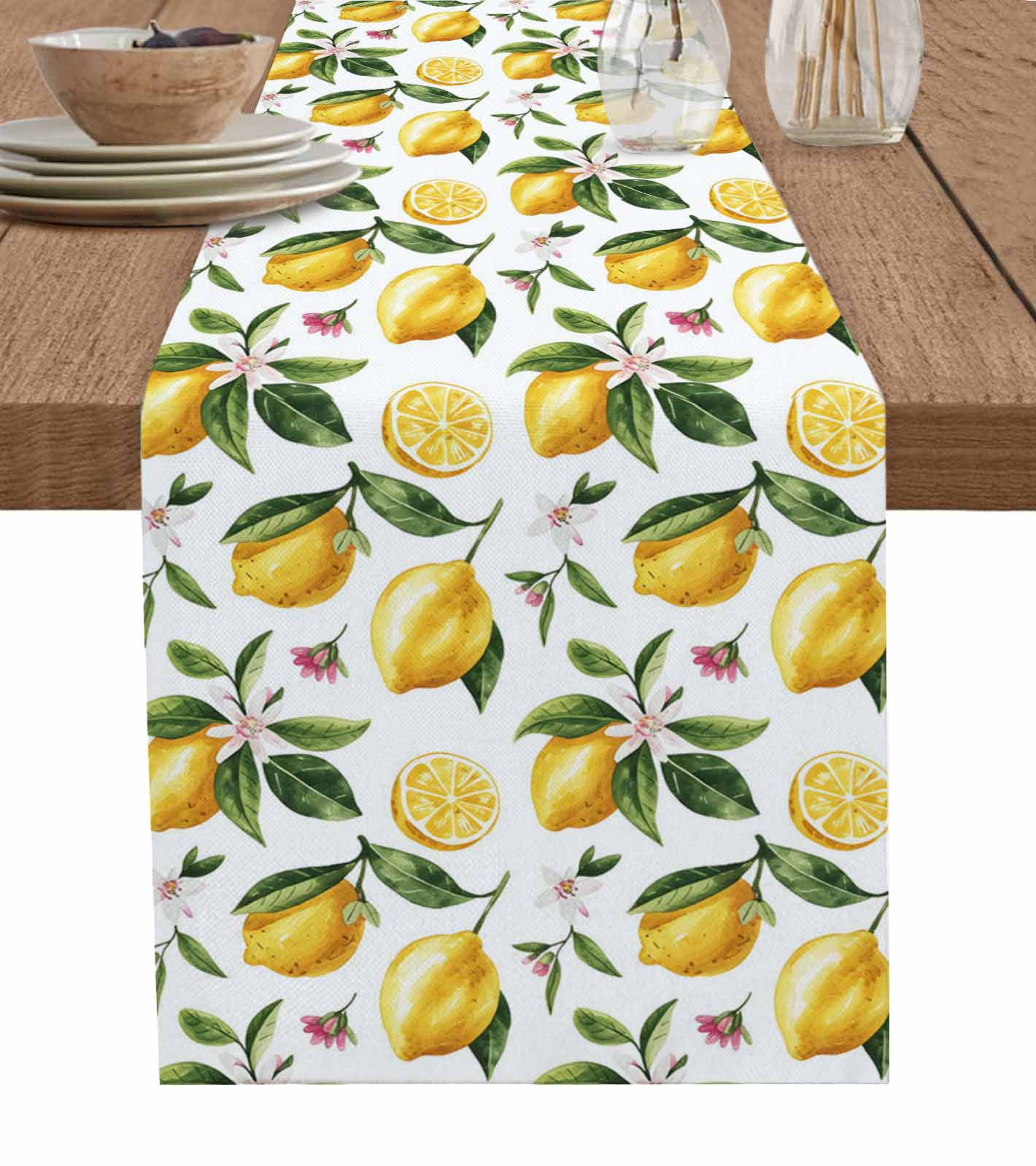 Yellow Lemon Table Runner 60 Inches, Tropical Gren Leaf Pink Floral ...