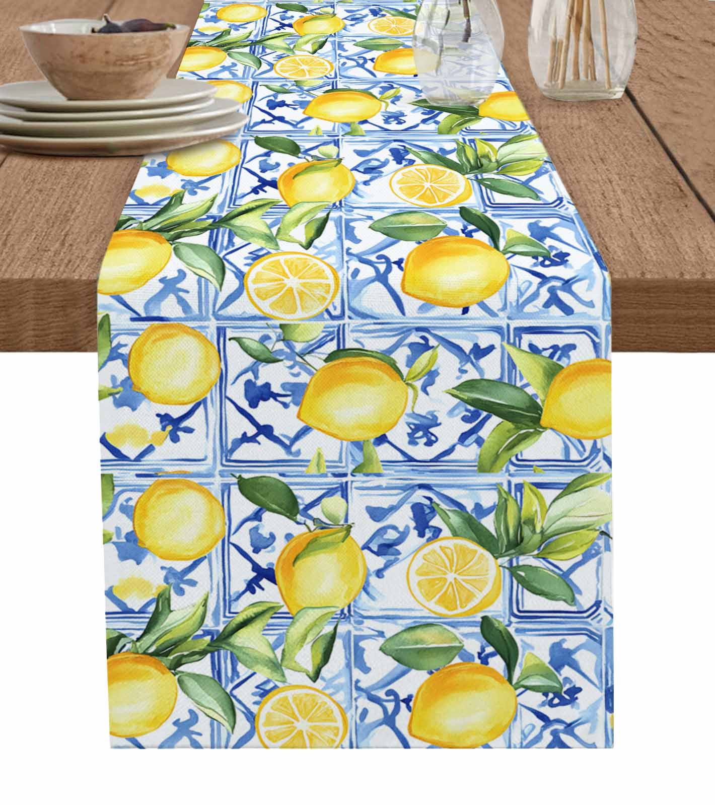 Yellow Lemon Table Runner 72 Inches, Botanical Spring Leaves Abstract ...
