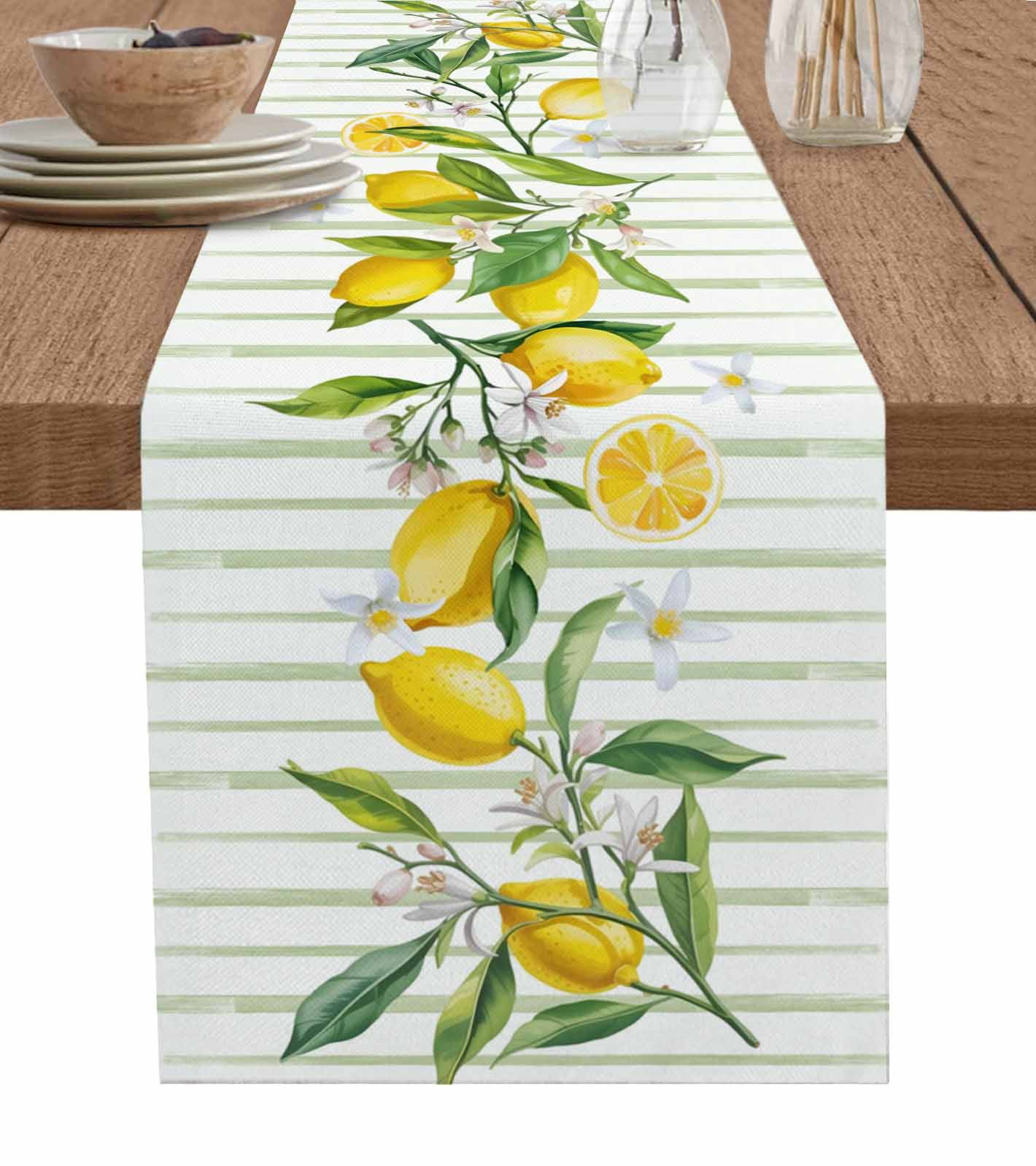Yellow Lemon Table Runner 72 Inches, Country Botanical Fruit Sage Green ...