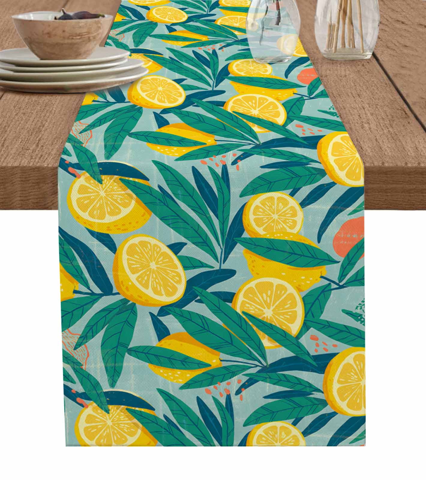 Yellow Lemon Table Runner 72 Inches, Minimalist Tropical Retro Green ...