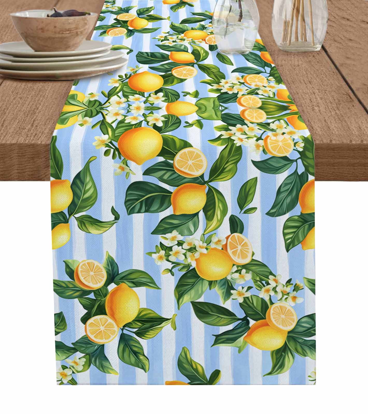 Yellow Lemon Table Runner 72 Inches, Rustic Summer Fruit Blue Strip ...