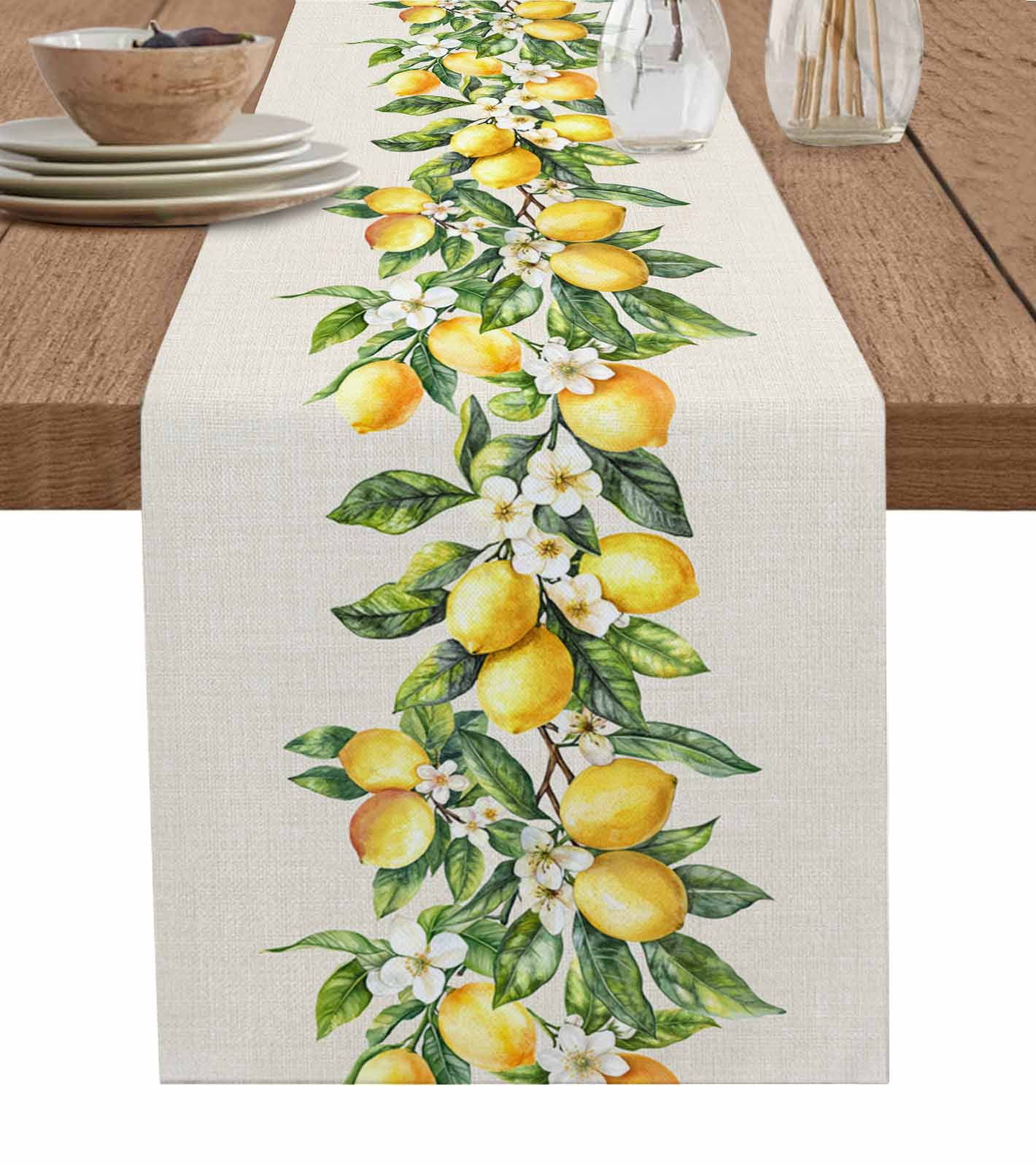 Yellow Lemon Table Runner 72 Inches, Spring Botanical Leaves Fruit ...