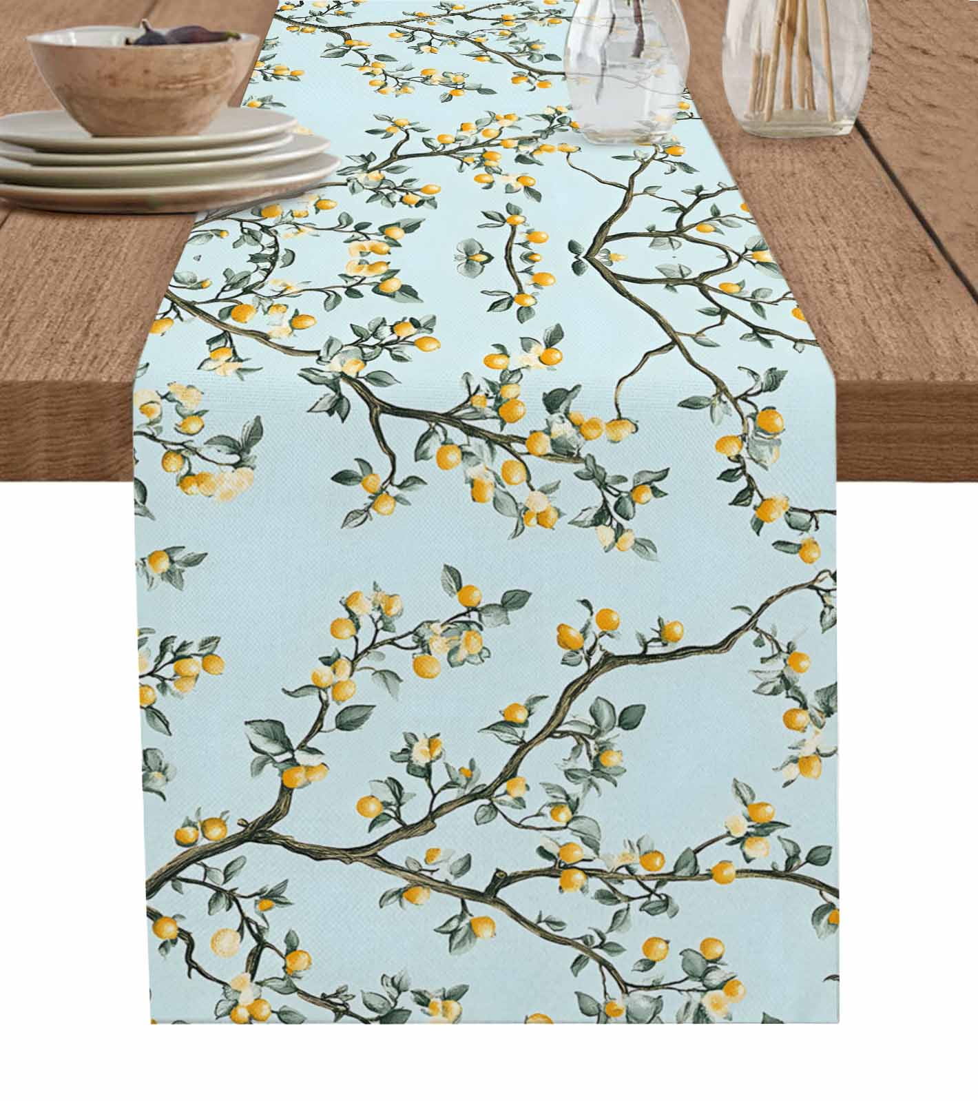 Yellow Lemon Table Runner 72 Inches, Tree Leaf Branch Summer Watercolor ...