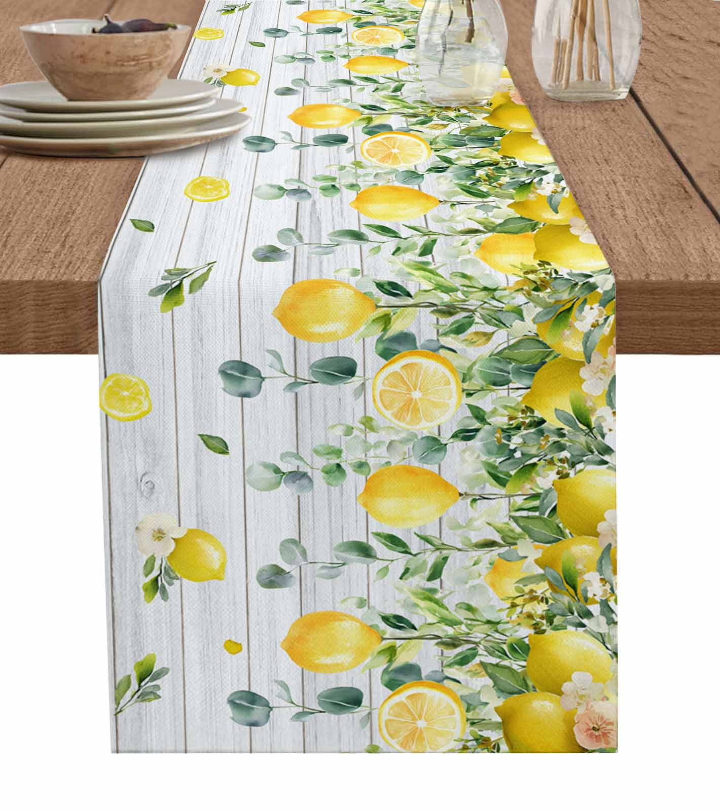 Yellow Lemon Table Runner 90 Inches, Green Eucalyptus Wood Grain ...