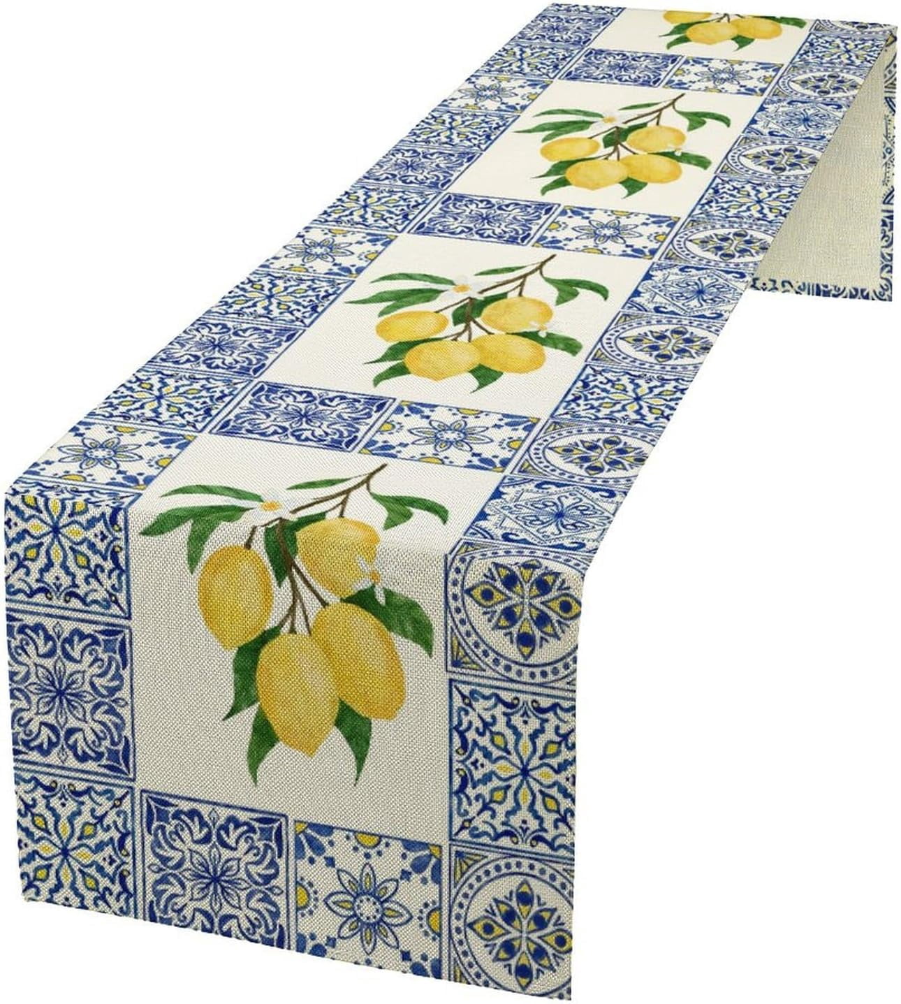 Yellow Lemon Table Runner, Blue Tiles Summer Holiday Tasty Fruit ...