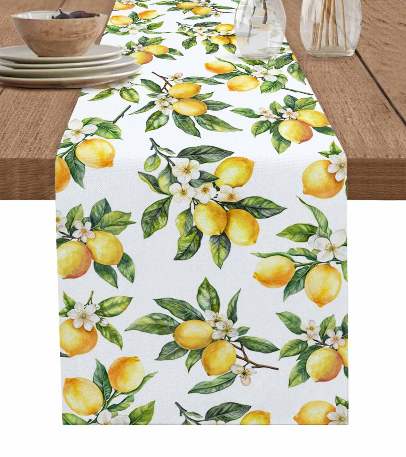 Yellow Lemon Table Runner Cotton Linen 108 Inch Holiday Dresser Scarves ...