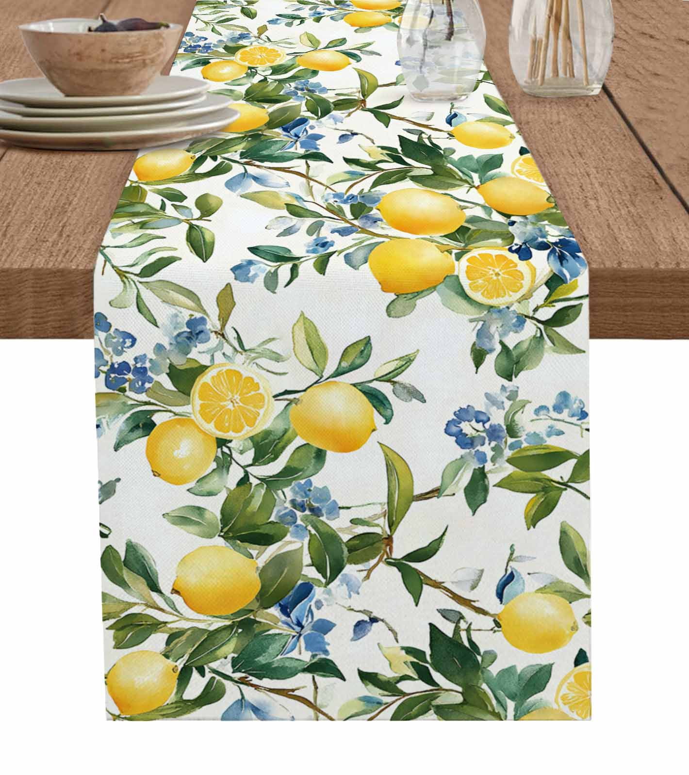 Yellow Lemon Table Runner Cotton Linen 108 Inch Holiday Dresser Scarves ...
