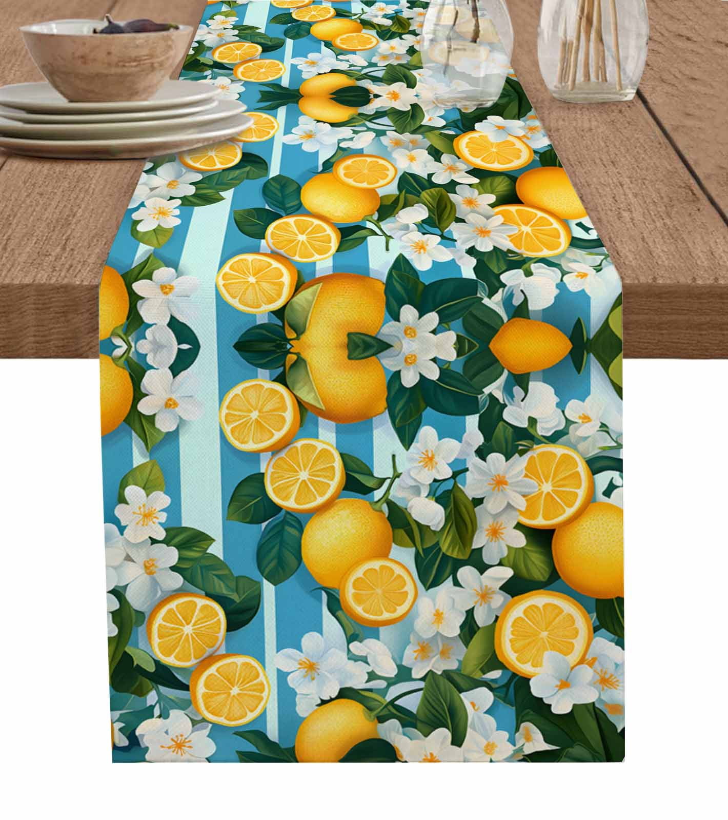 Yellow Lemon Table Runner Cotton Linen 48 Inch Holiday Dresser Scarves ...