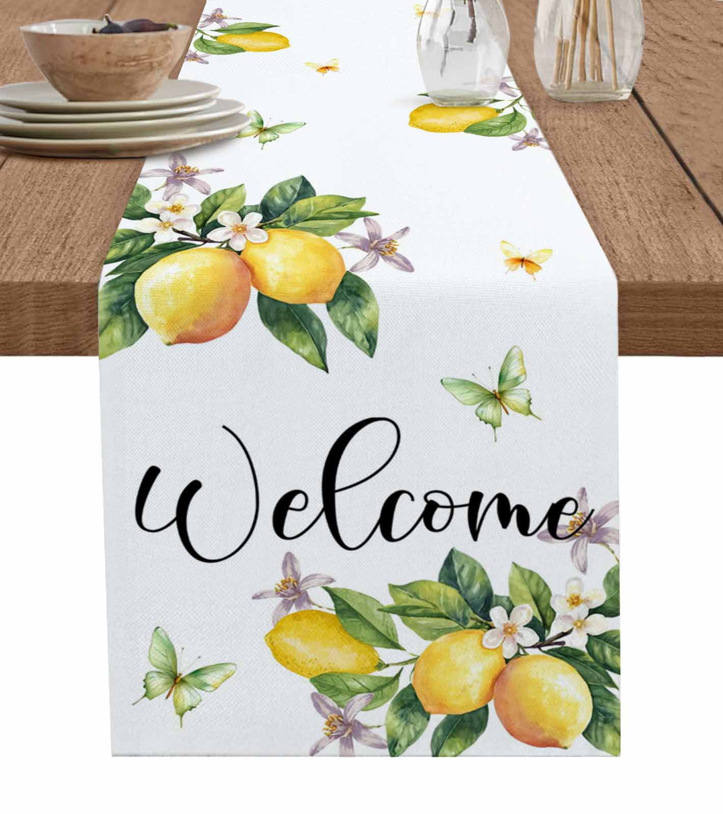 Yellow Lemon Table Runner Floral Flower Butterfly Watercolor White Tablerunners 13 x 36 Inch ...