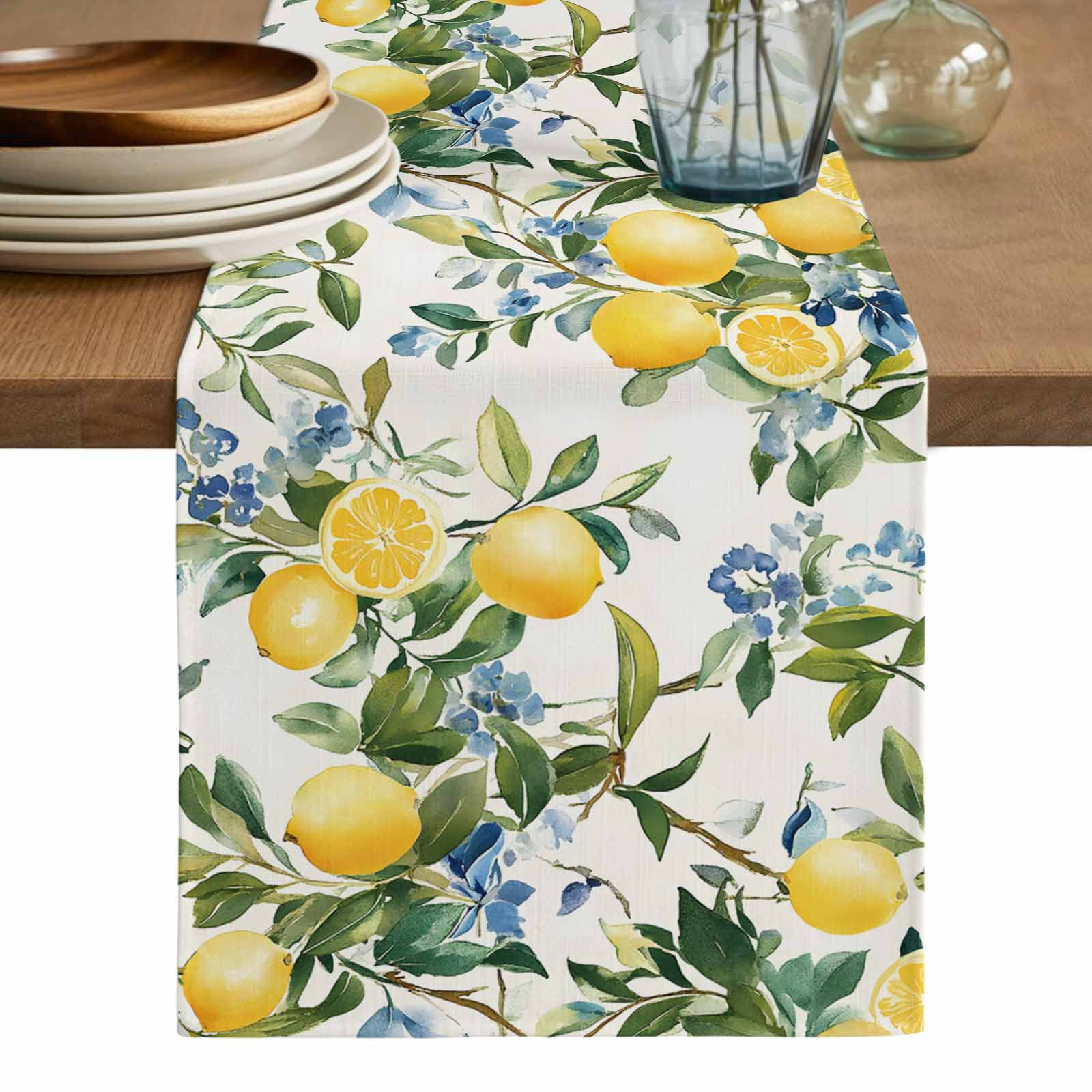 Yellow Lemon Table Runner, Green Leaf Blue Flower Tropical Fruit ...