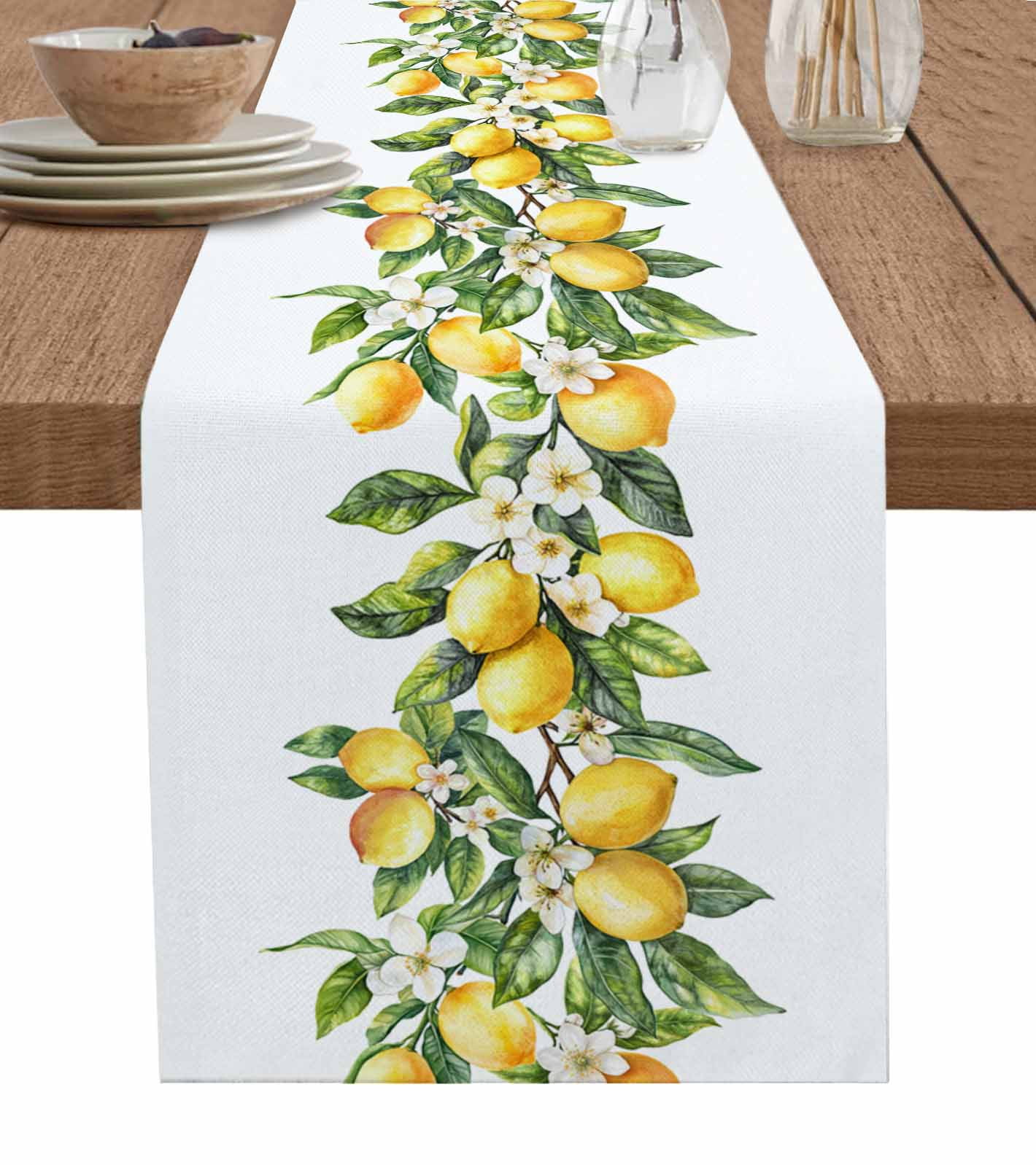 Yellow Lemon Table Runner Simple Spring Botanical Fruit Leaves Flower ...