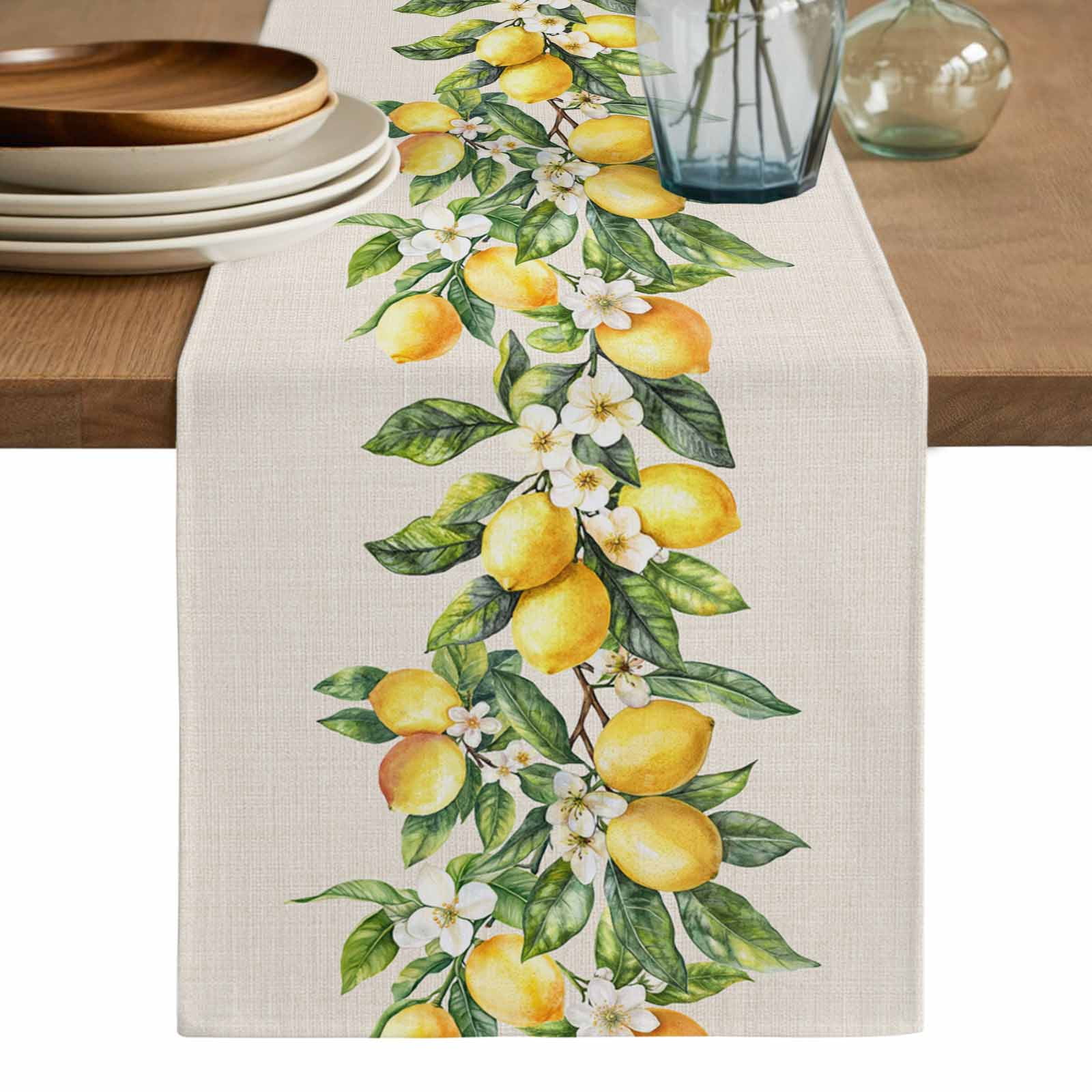 Yellow Lemon Table Runner, Spring Botanical Leaves Fruit Farmhouse ...