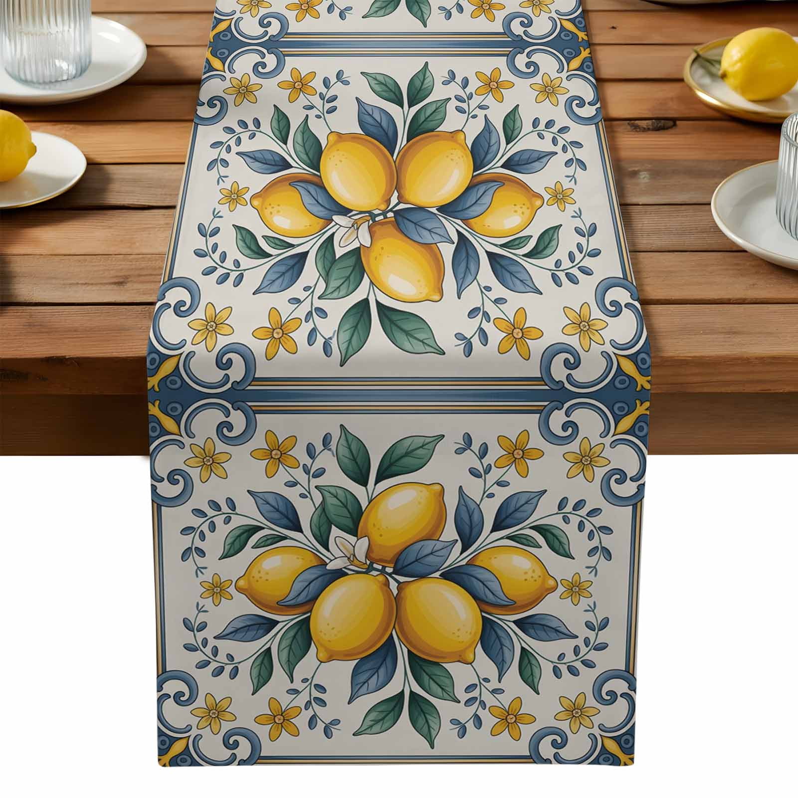 Yellow Lemon Table Runner, Summer Fruit Vintage Flowers Leaf Medieval ...