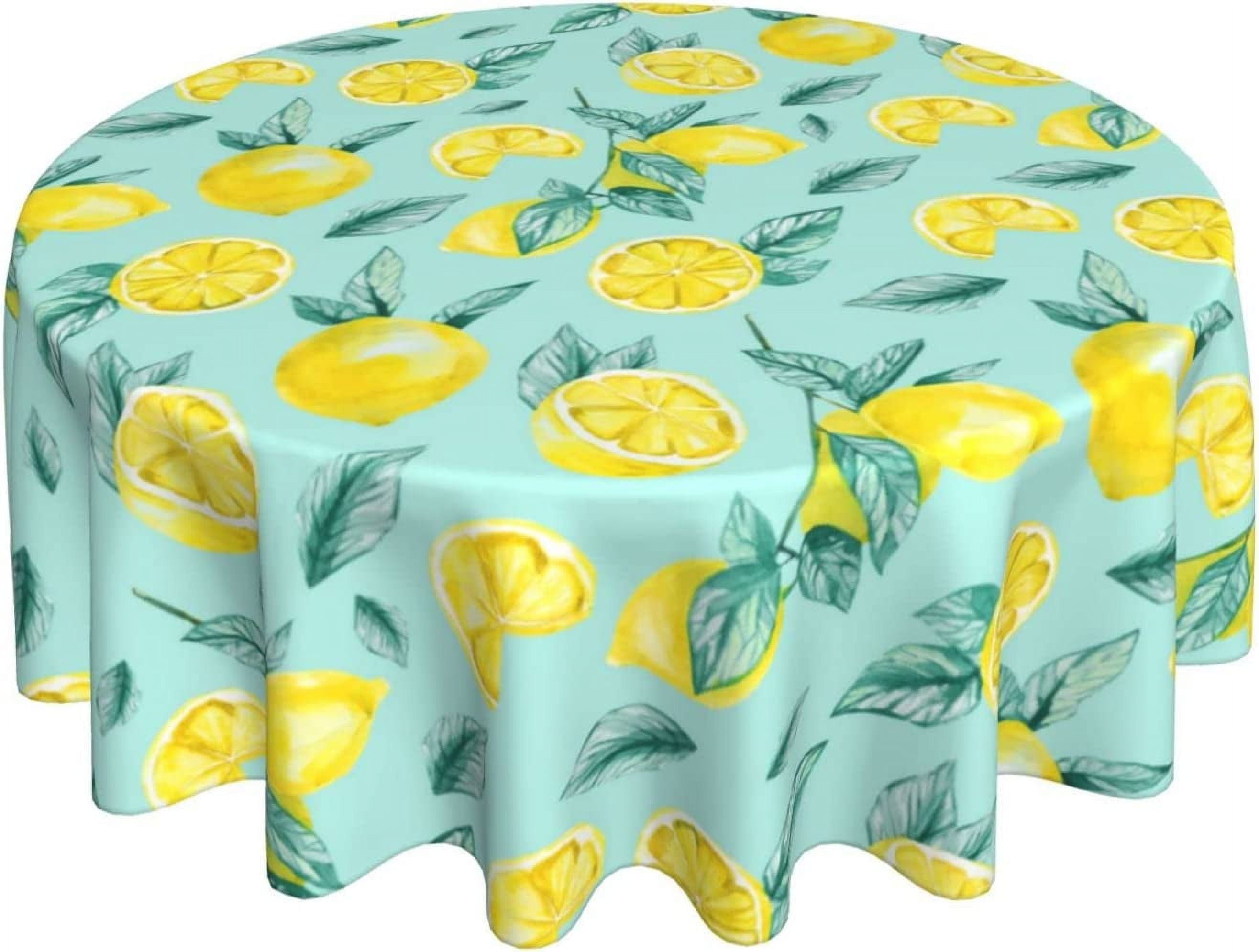 Yellow Lemon Tablecloth Round 60 Inch Teal Leaves Summer Tablecloth ...