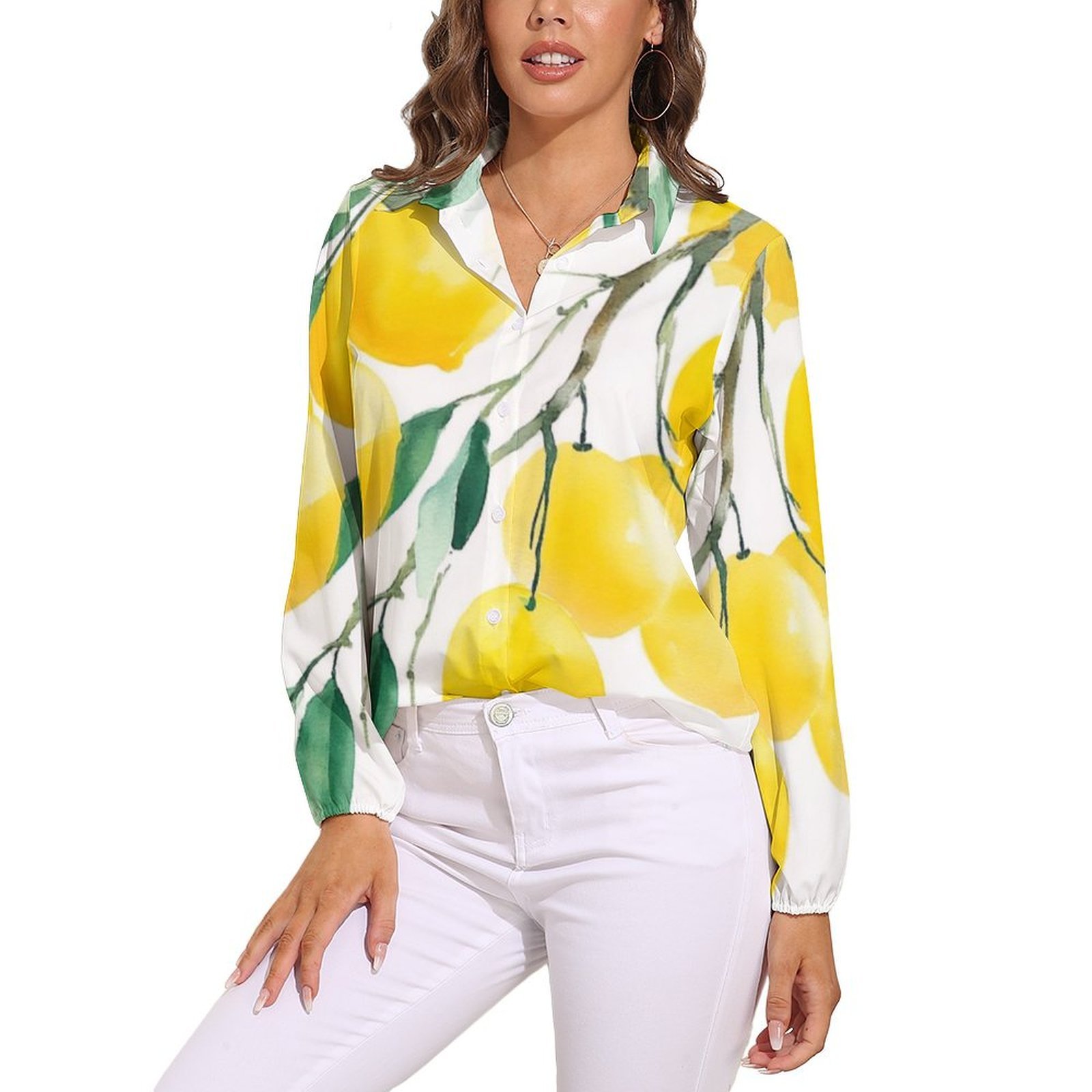 Yellow Lemon Watercolor-2 Vntage Casual Long Sleeve Shirt Blouse Woman ...