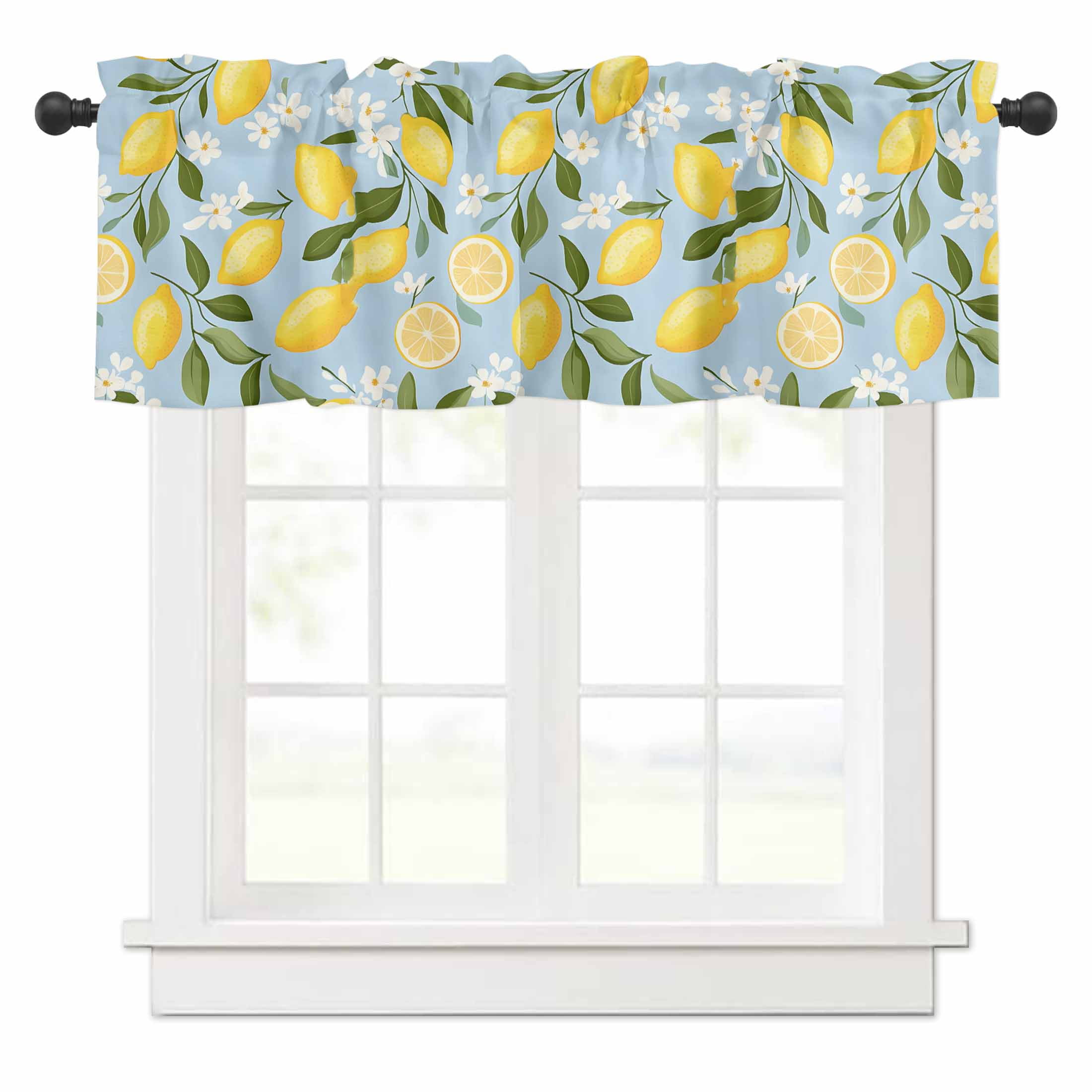 Yellow Lemon White Flowers Valances for Windows Retro Blue Backdrop Rod ...
