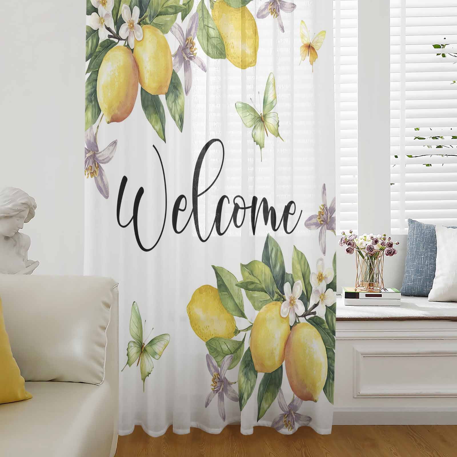 Yellow Lemon Window Curtain 96 Inches Long,Floral Flower Butterfly ...