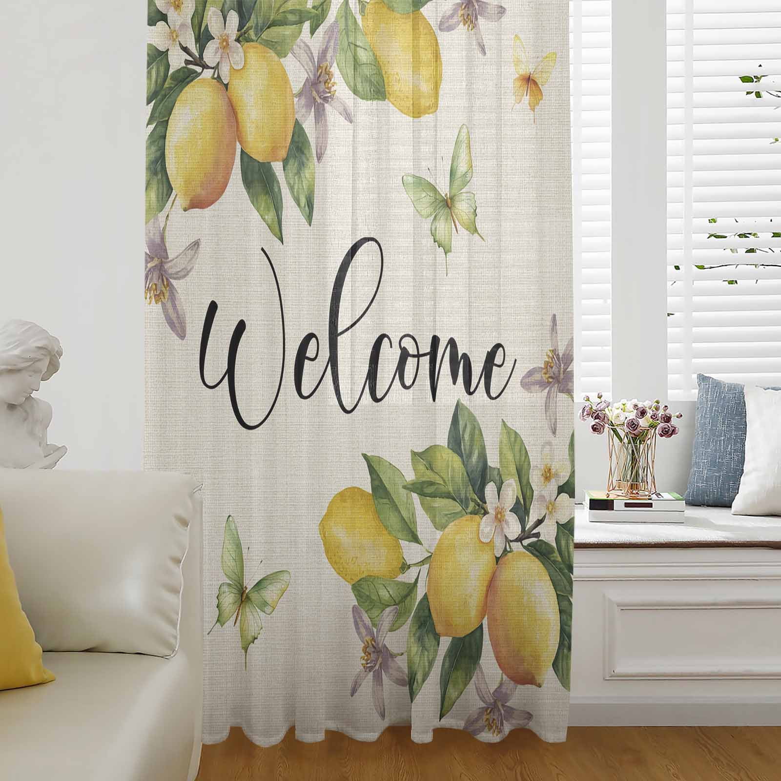 Yellow Lemon Window Curtain 96 Inches Long,Rustic Flower Butterfly ...