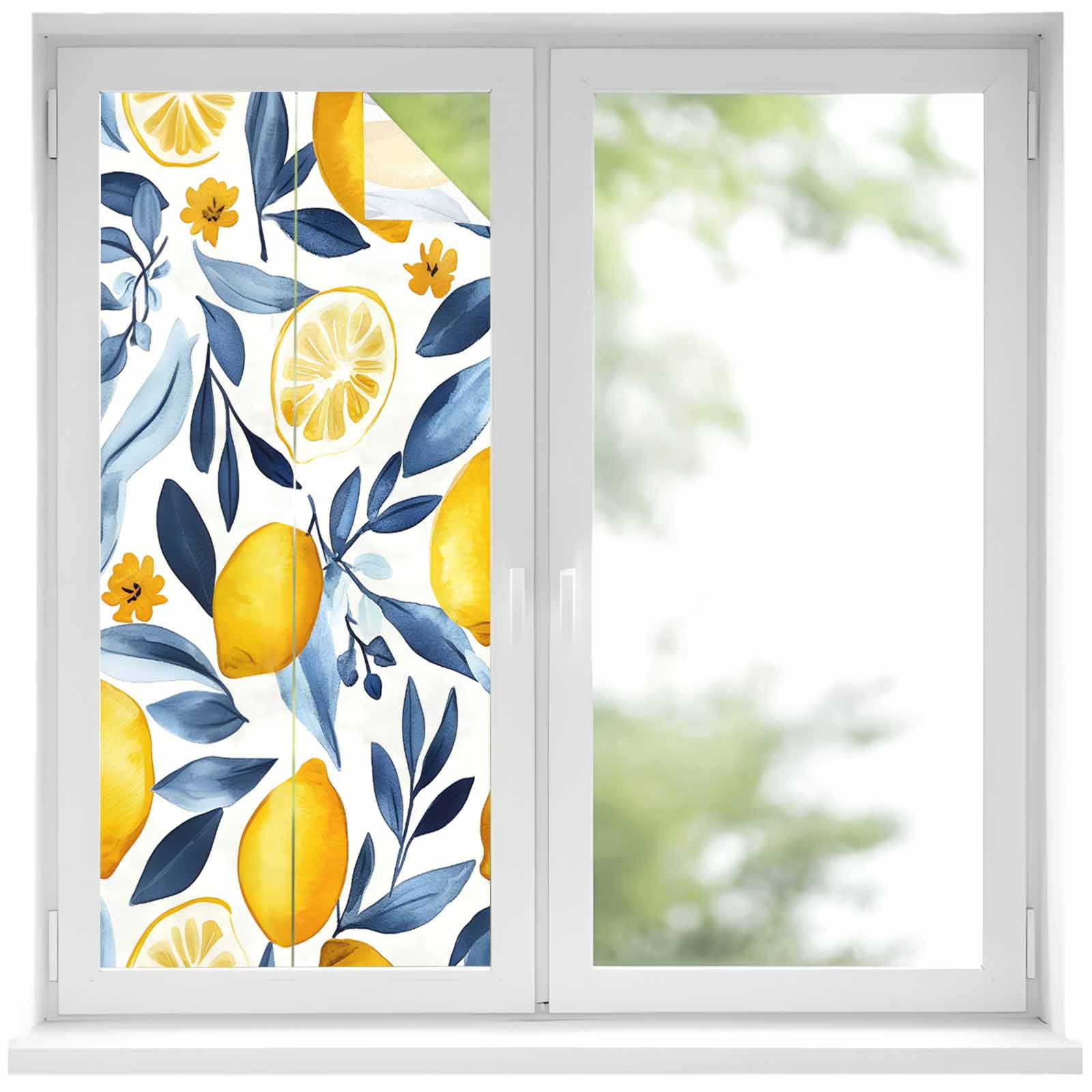 Yellow Lemon Window Privacy Film, Blue Flower Leaves Spring Summer ...