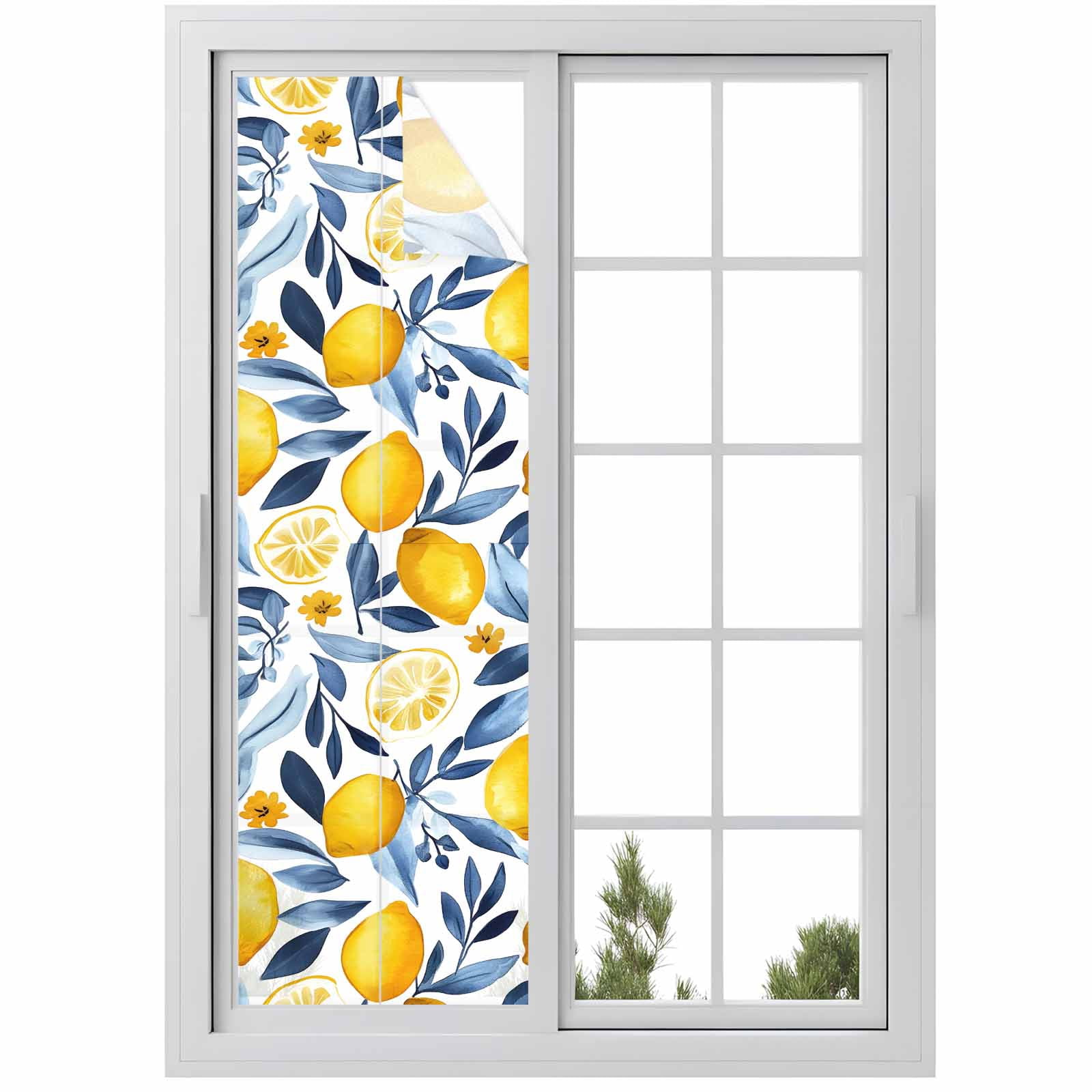 Yellow Lemon Window Privacy Film, Blue Flower Leaves Spring Summer ...