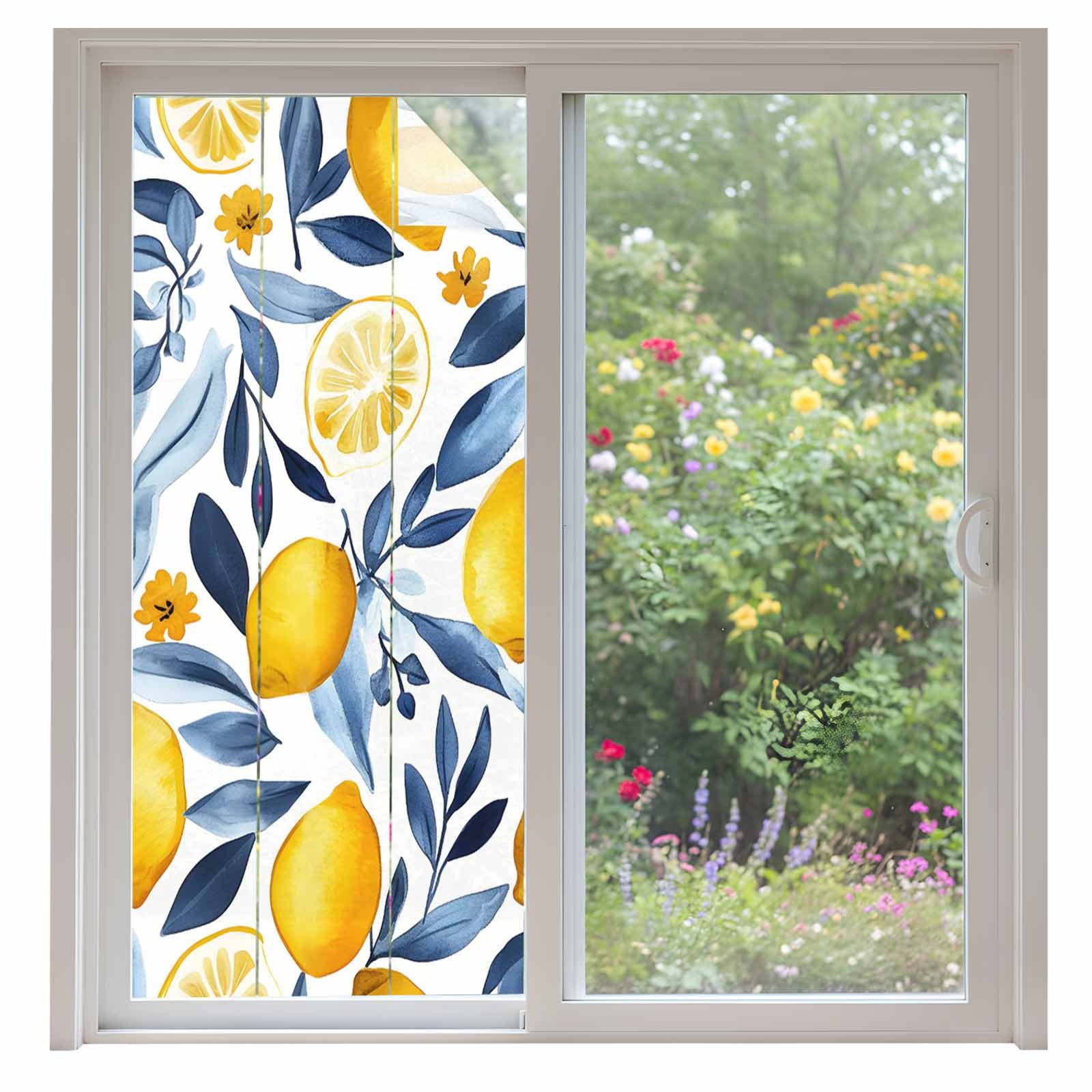Yellow Lemon Window Privacy Film, Blue Flower Leaves Spring Summer ...