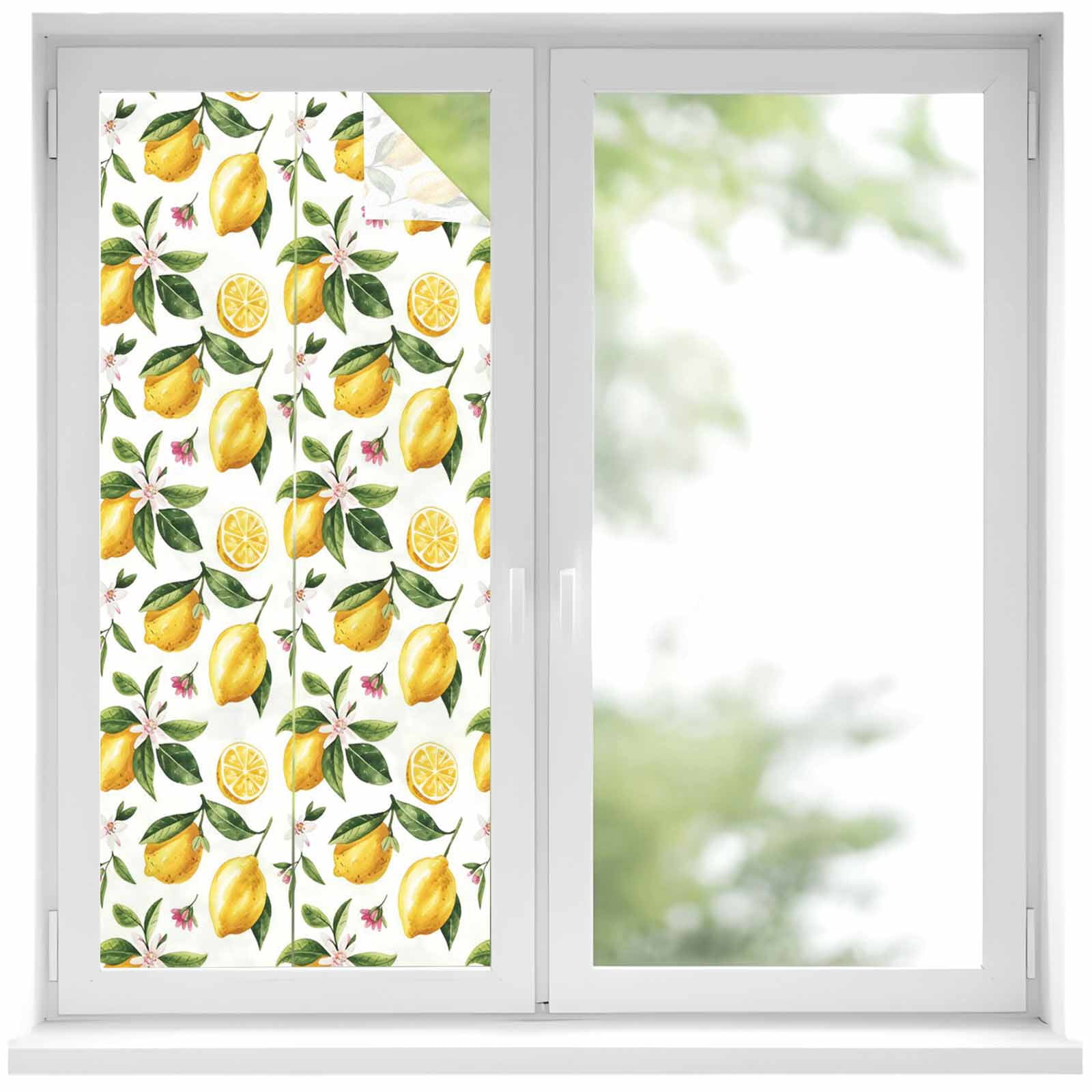 Yellow Lemon Window Privacy Film, Tropical Green Leaf Pink Floral Fruit ...
