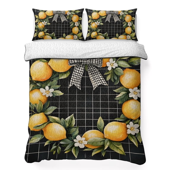 Yellow Lemon Wreath 3 Piece Quilt Bedding Set with 2 Pillow Shams ...